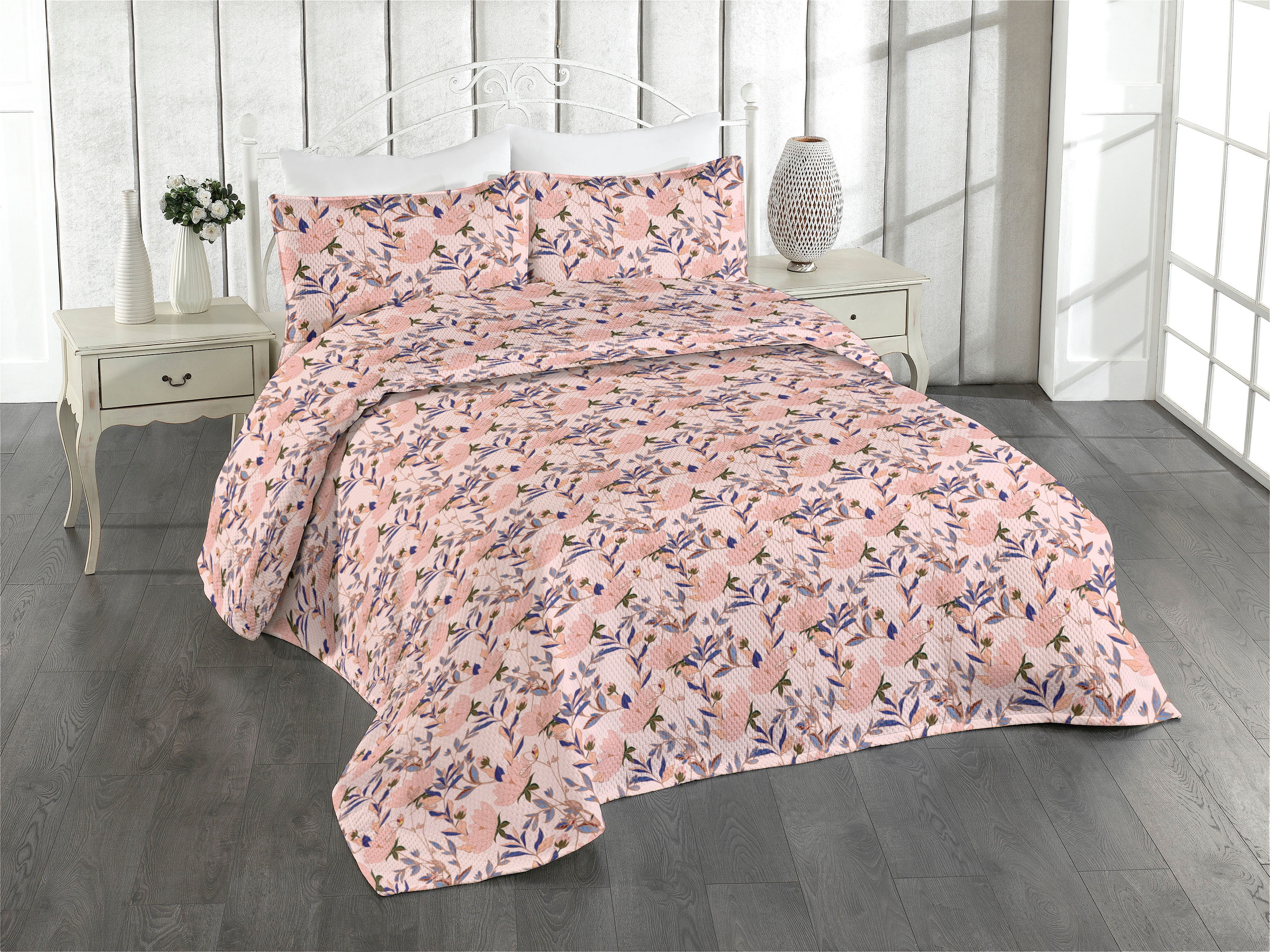 Ambesonne Floral Quilted Bedspread Set 3 Pcs, Pastel Swirly Art ...