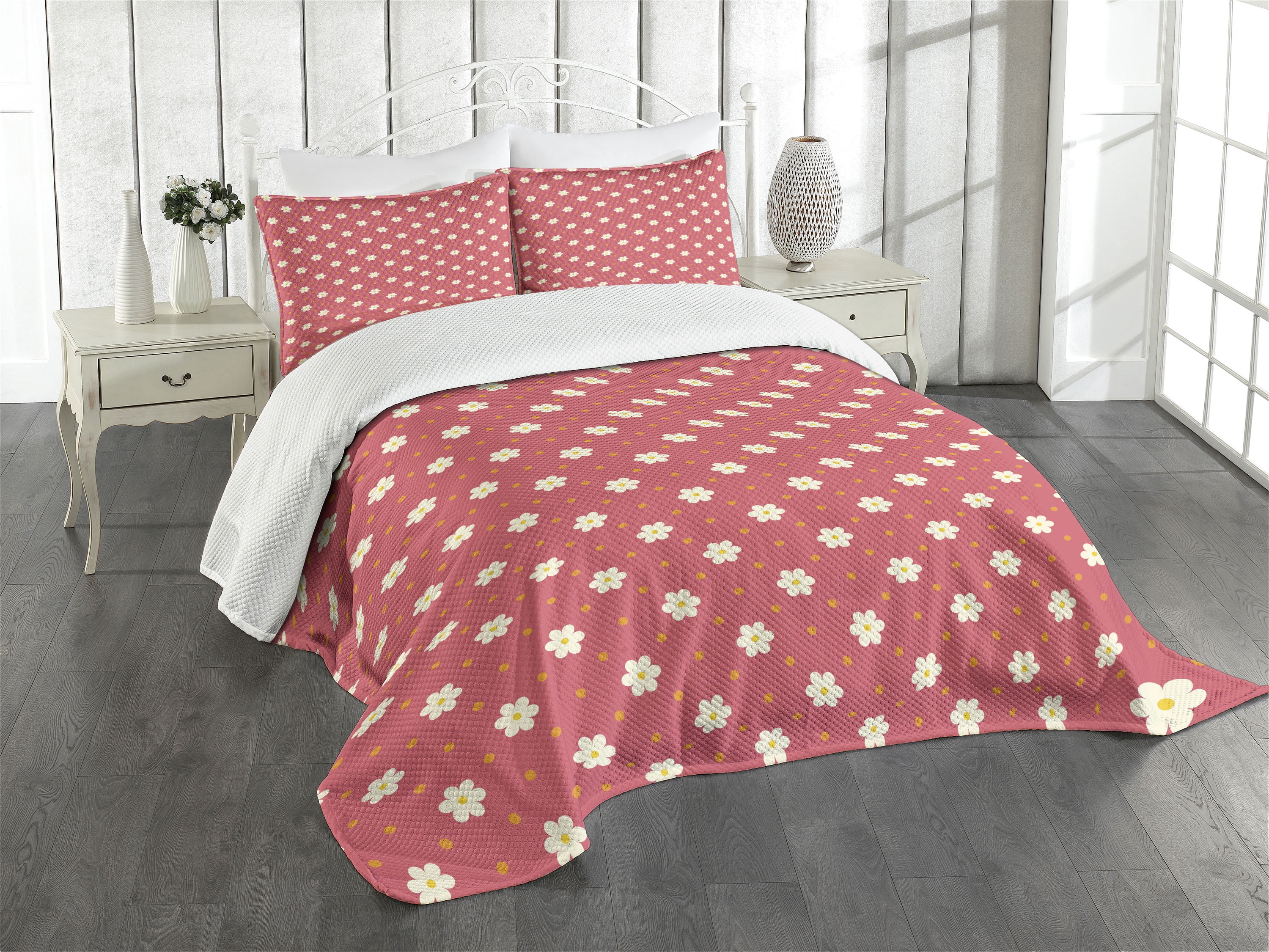 Ambesonne Floral Quilted Bedspread Set 3 Pcs, Pattern Daisy, Queen Size ...