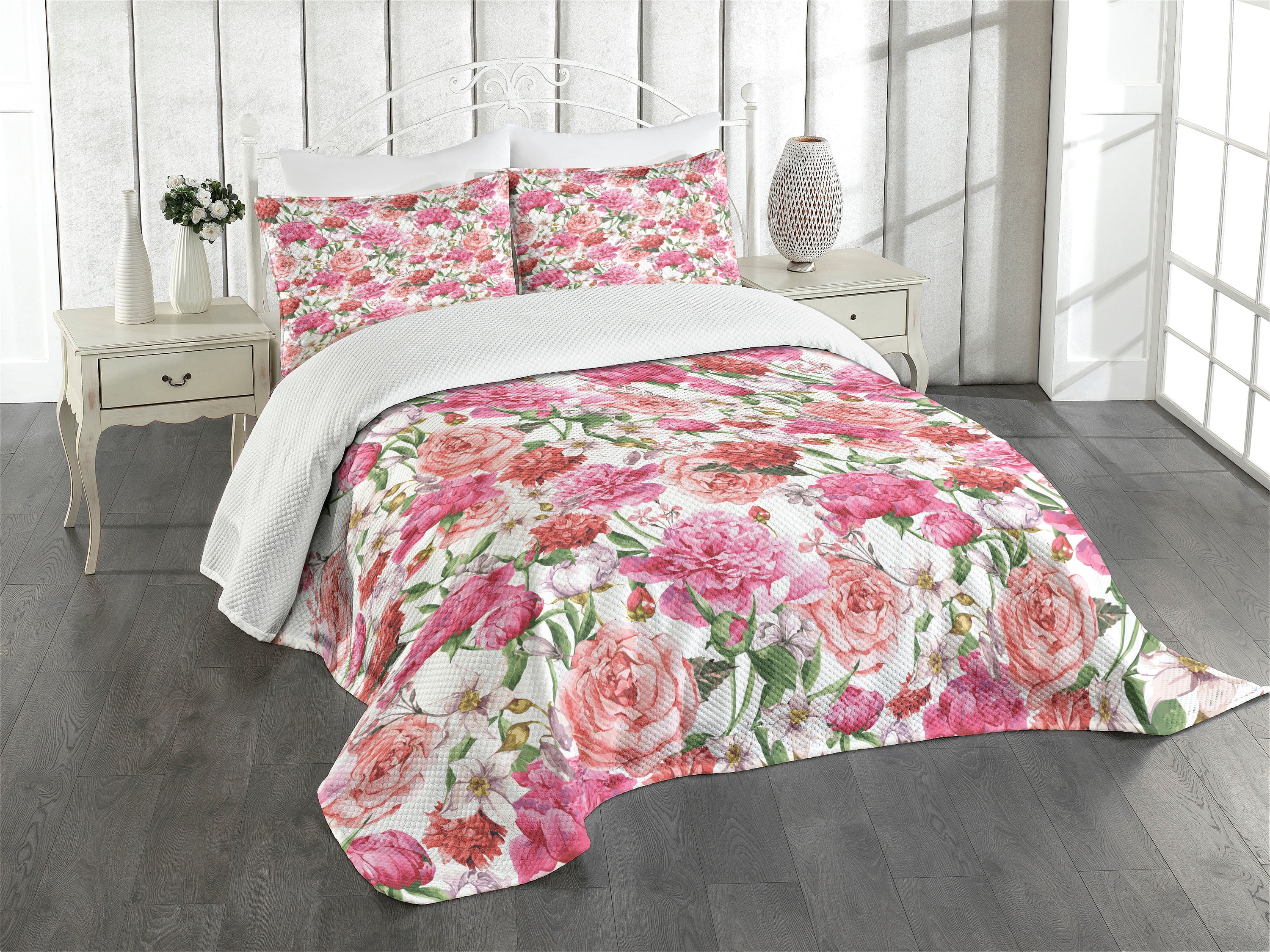 Ambesonne Floral Bedding Coverlet Set, 3 Pcs Quilted Bedspread, Peonies ...