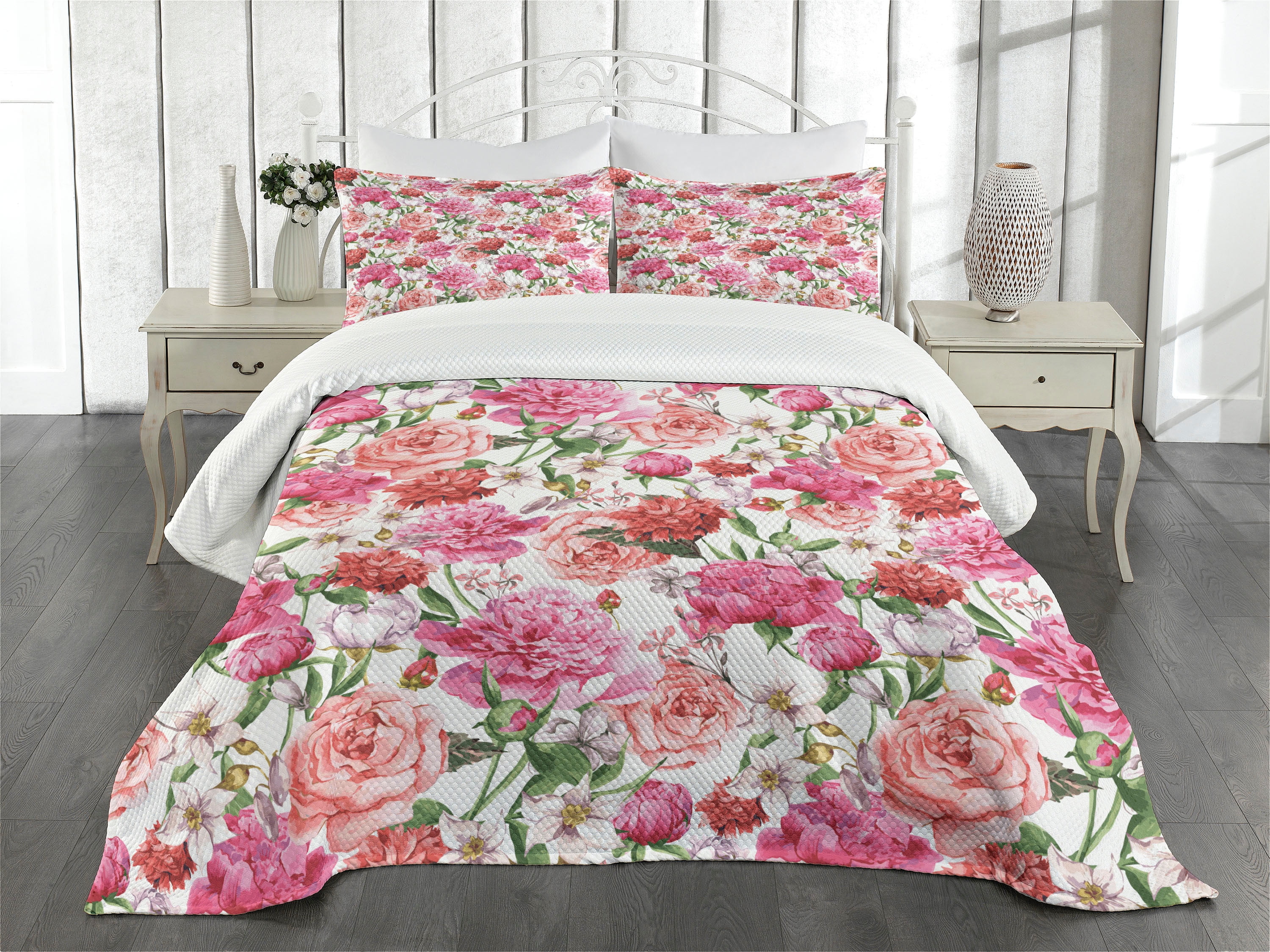Ambesonne Floral Quilted Bedspread Set 3 Pcs, Peonies and Roses, Queen ...