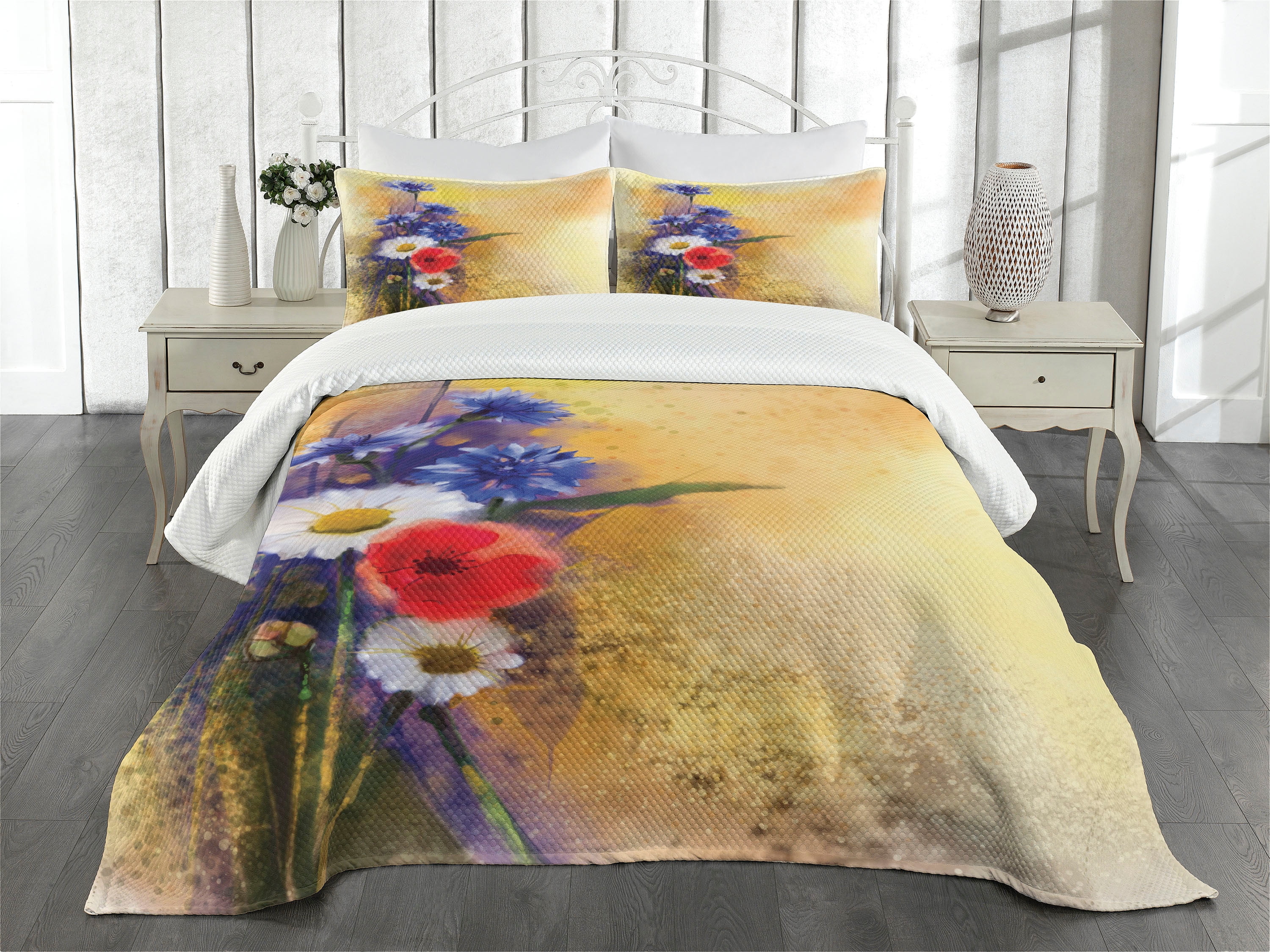 Ambesonne Floral Quilted Bedspread Set 3 Pcs, Poppy Chamomile Spring ...
