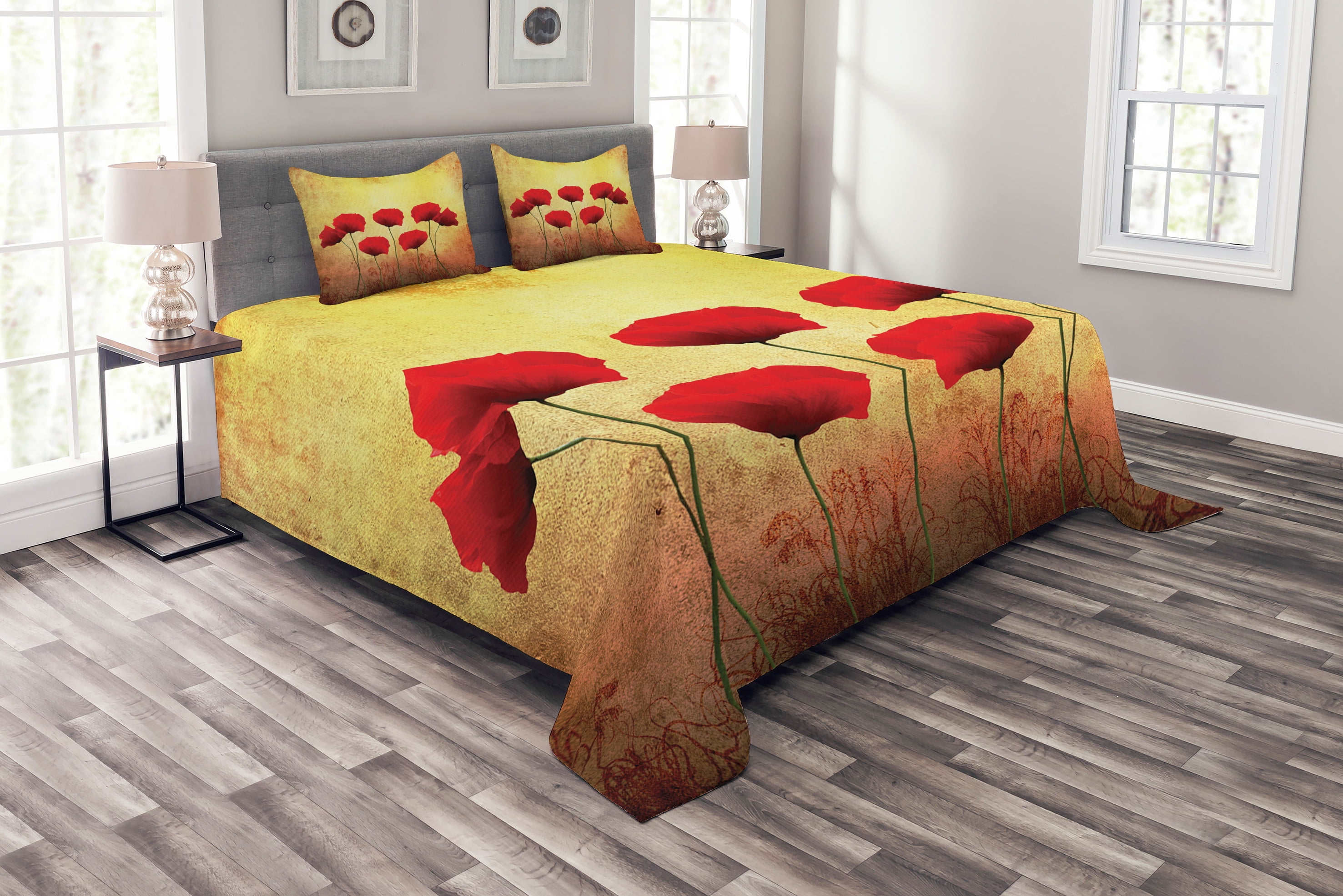 Ambesonne Floral Quilted Bedspread Set 3 Pcs, Retro Poppy Flowers, King ...