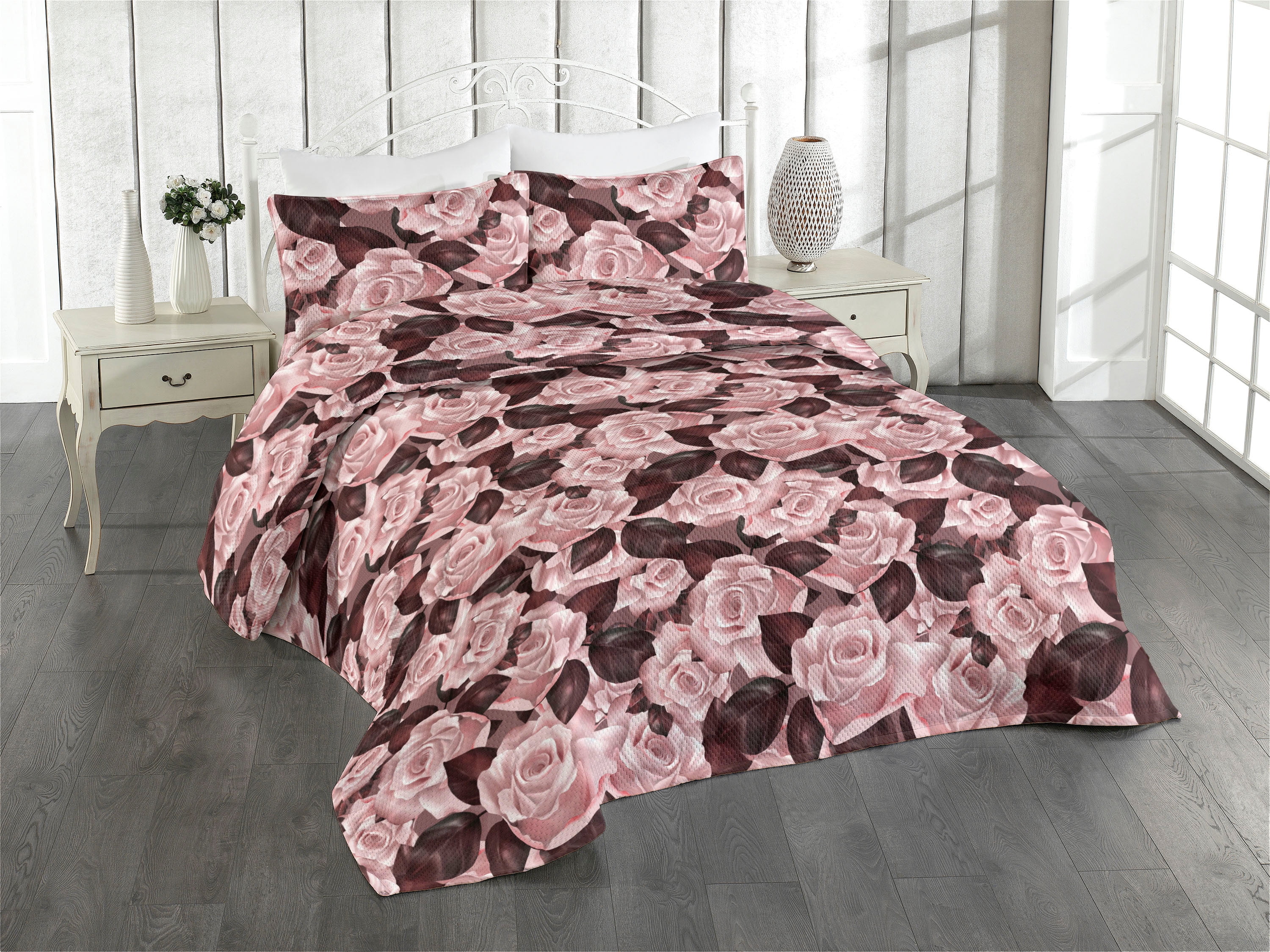 Ambesonne Floral Quilted Bedspread Set 3 Pcs, Romance Painting Roses ...