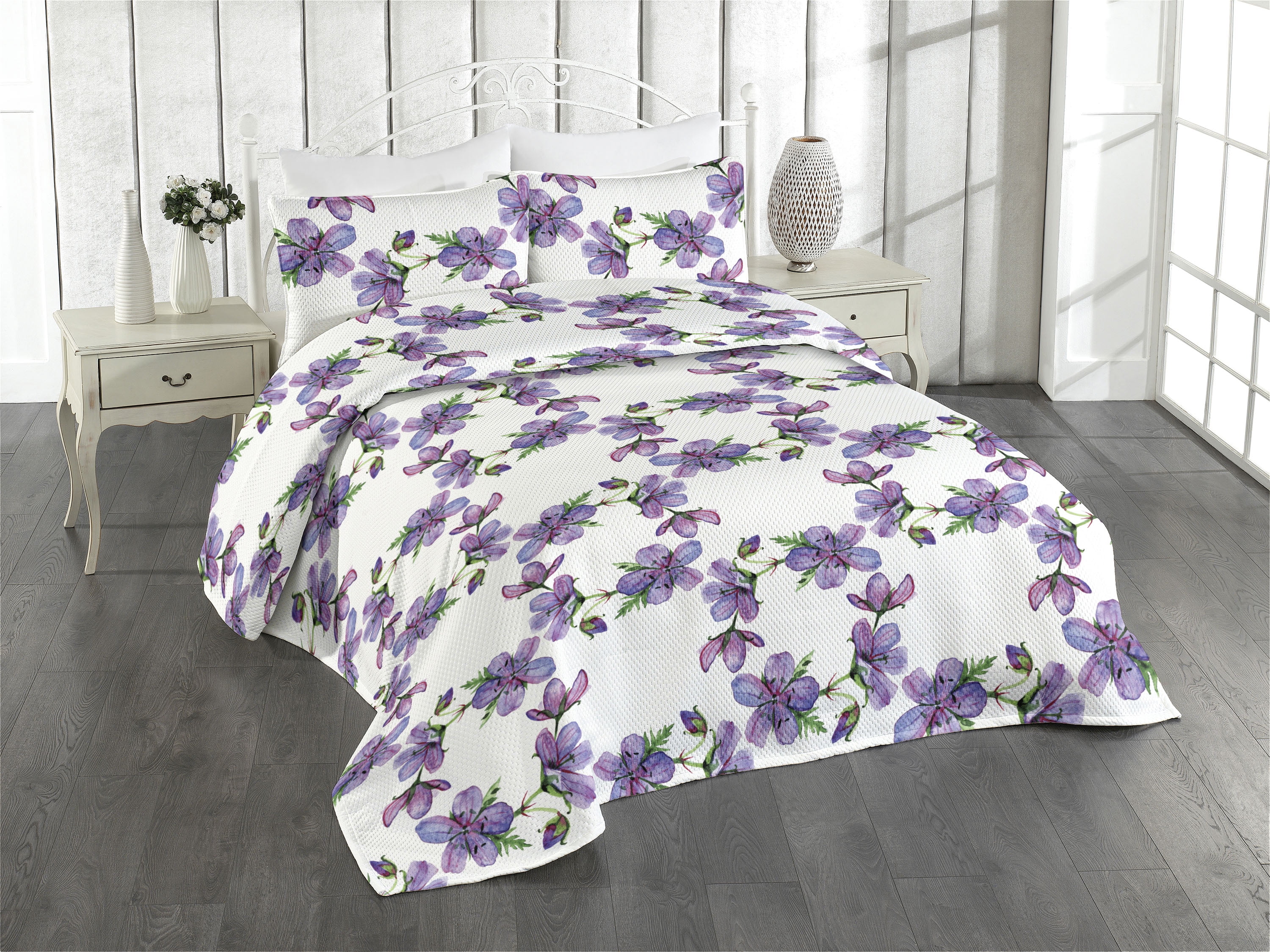 Ambesonne Floral Quilted Bedspread Set 3 Pcs, Romantic Geranium Flowers ...