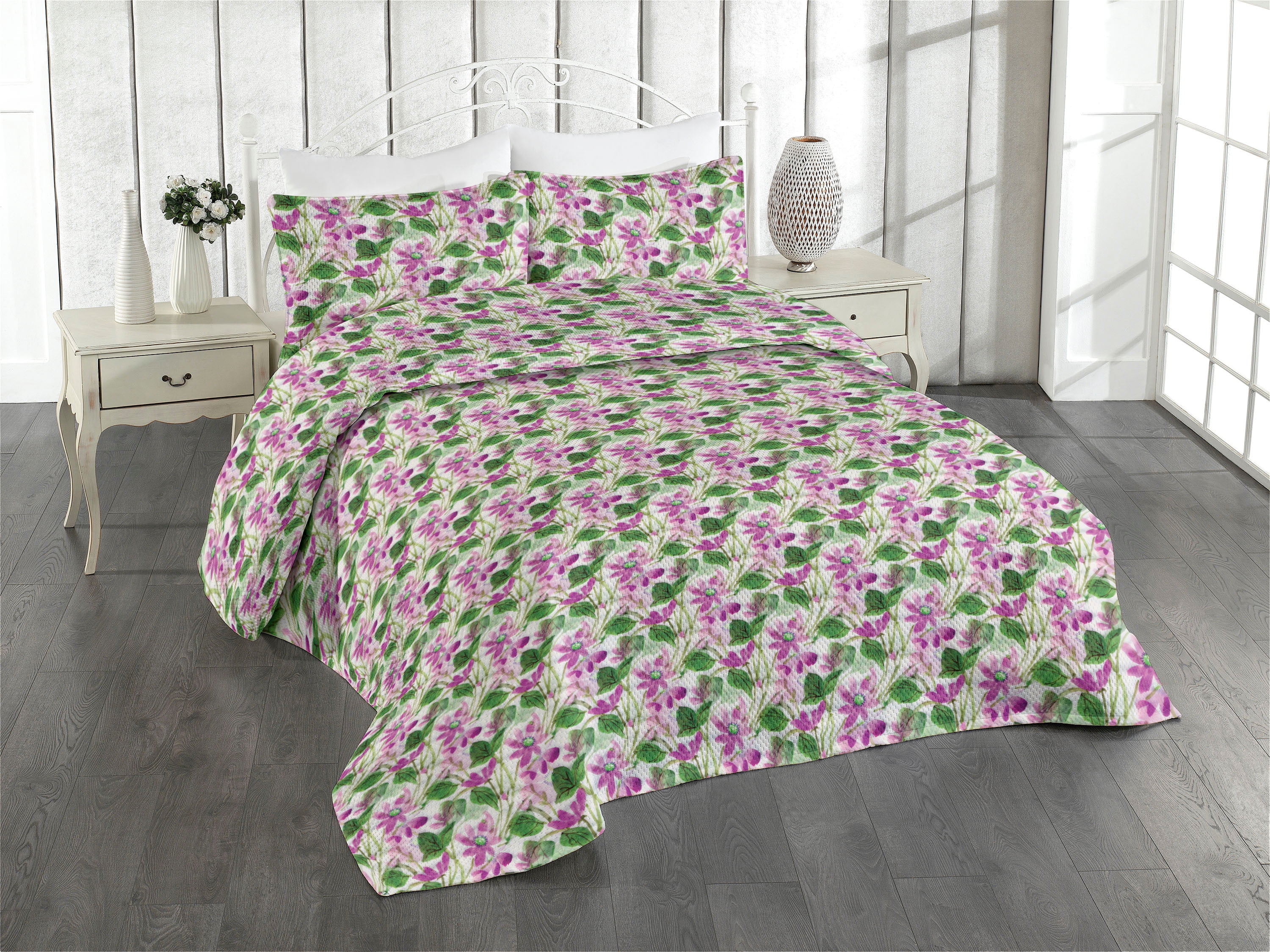 Ambesonne Floral Quilted Bedspread Set 3 Pcs, Romantic Summer Flowers ...