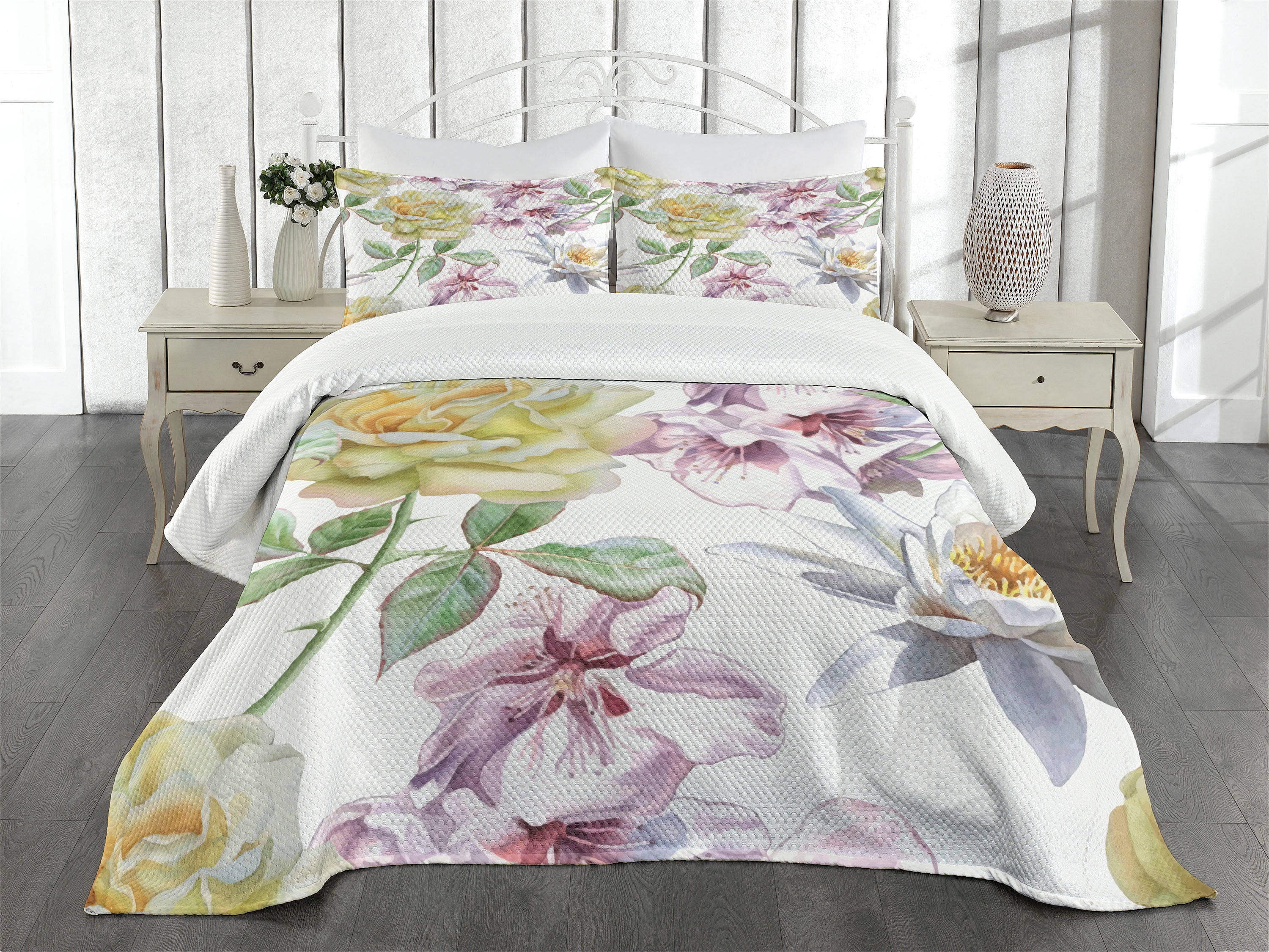 Ambesonne Floral Quilted Bedspread Set 3 Pcs, Rose Petals Sakura Lily ...