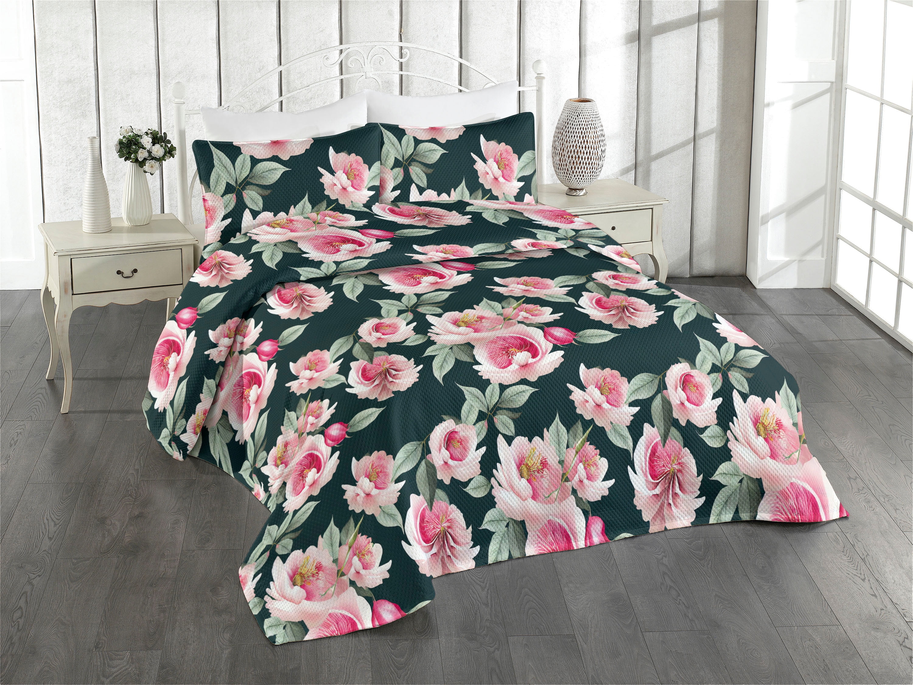 Ambesonne Floral Quilted Bedspread Set 3 Pcs, Roses Lovers Flowers ...