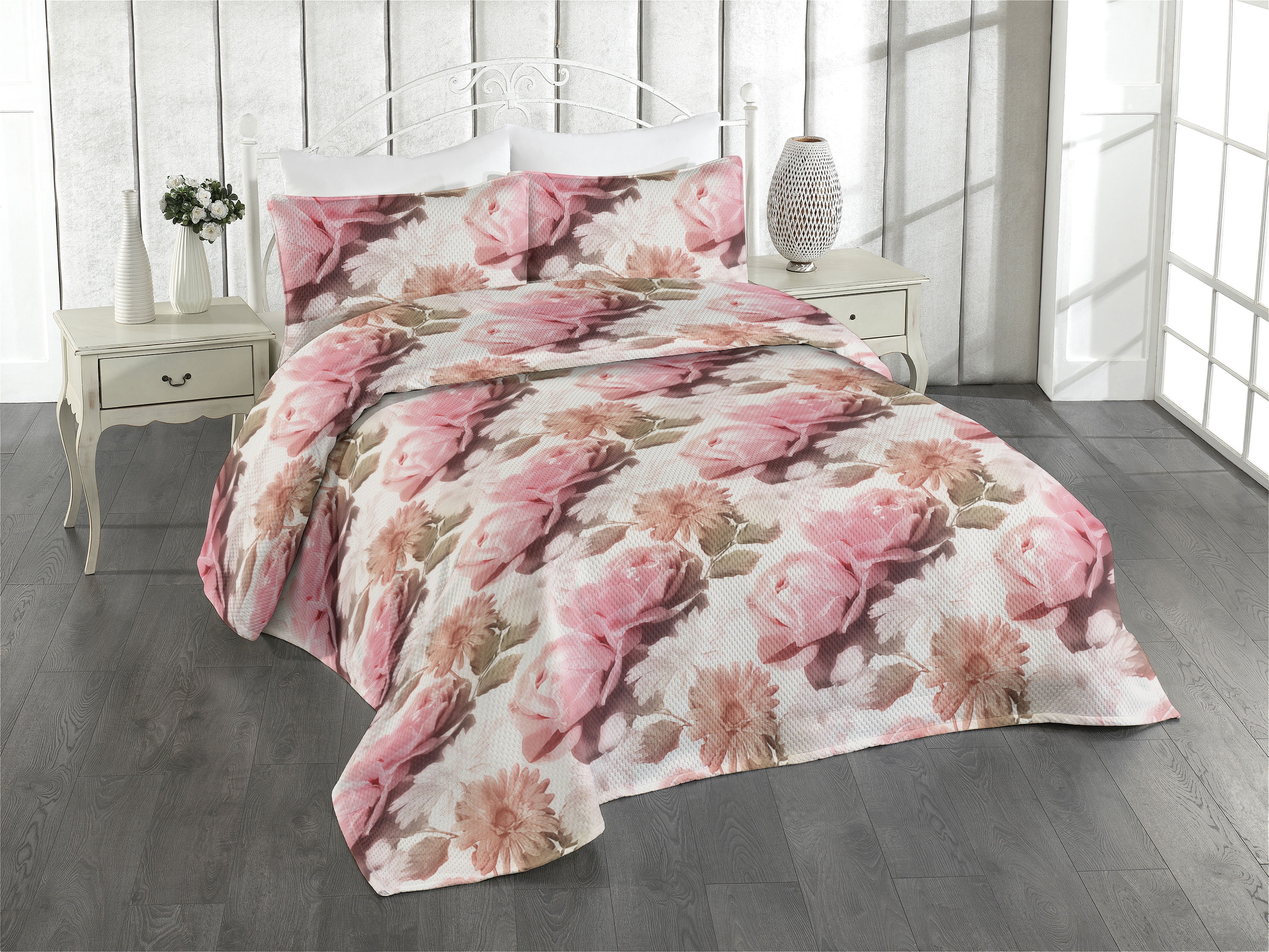 Ambesonne Floral Quilted Bedspread Set 3 Pcs, Roses and Gerberas ...