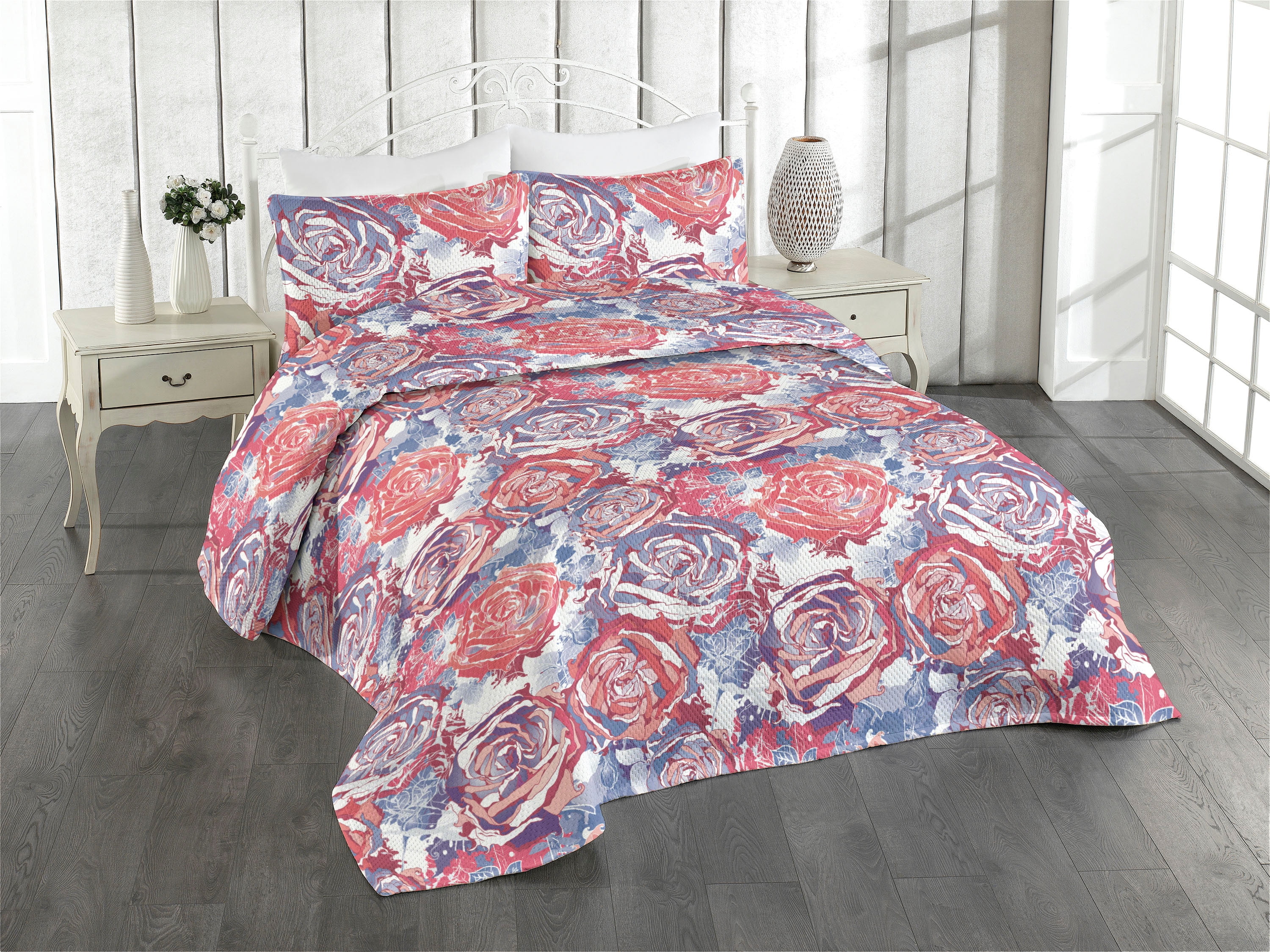 Ambesonne Floral Quilted Bedspread Set 3 Pcs, Simplistic Retro Roses ...