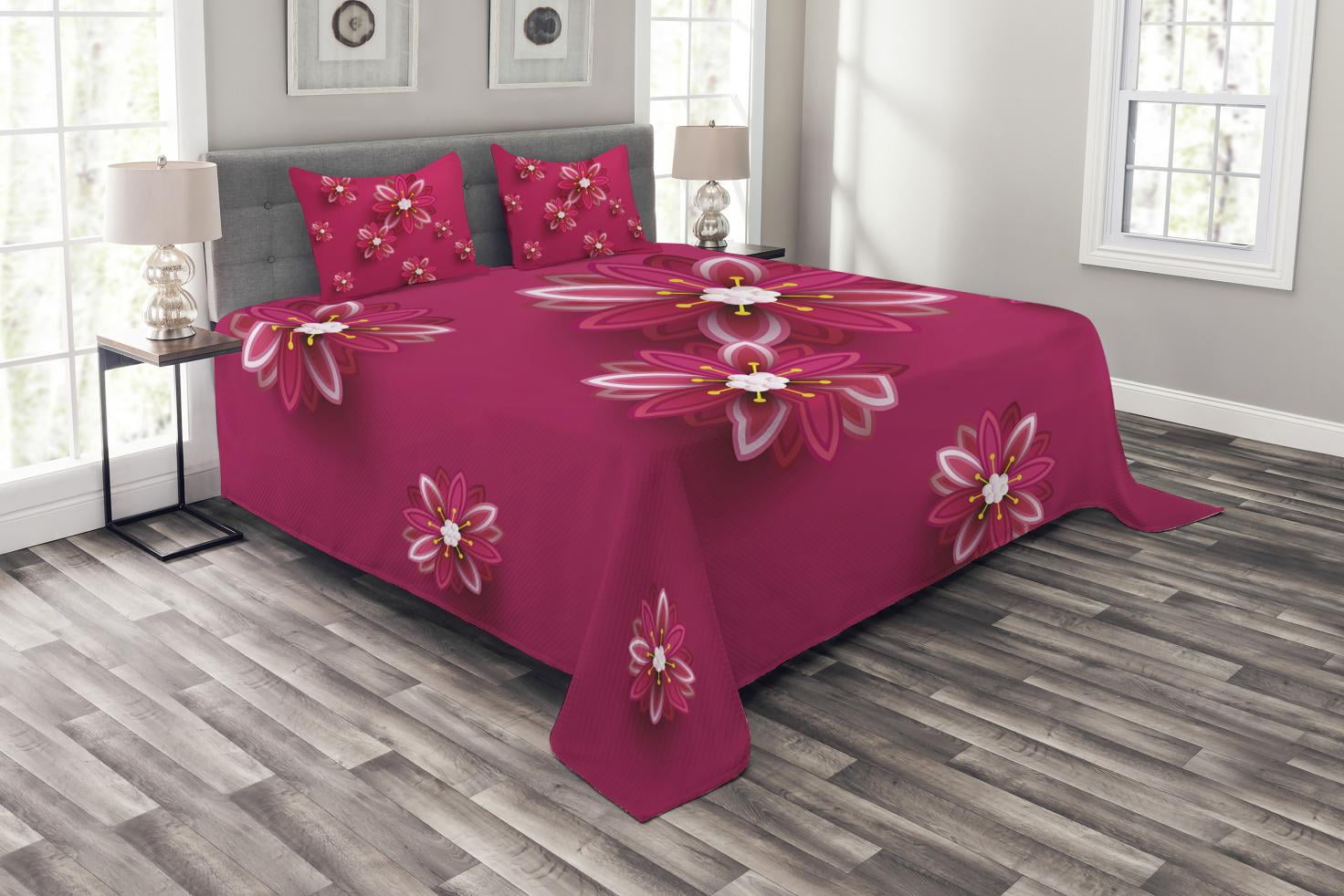 Ambesonne Floral Quilted Bedspread Set 3 Pcs, Spring Flowers, King Size ...