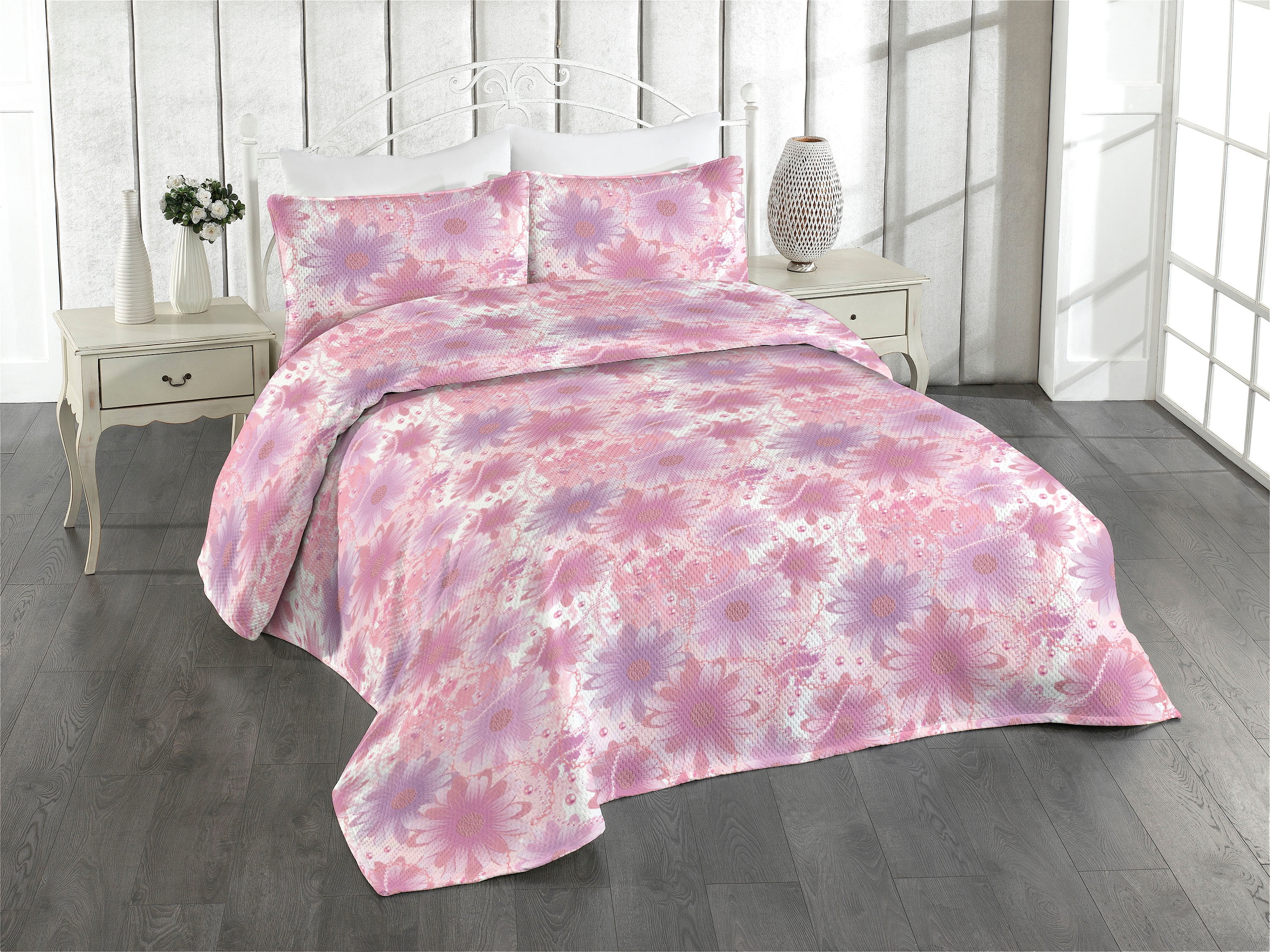 Ambesonne Floral Quilted Bedspread Set 3 Pcs, Spring Flowers Print ...