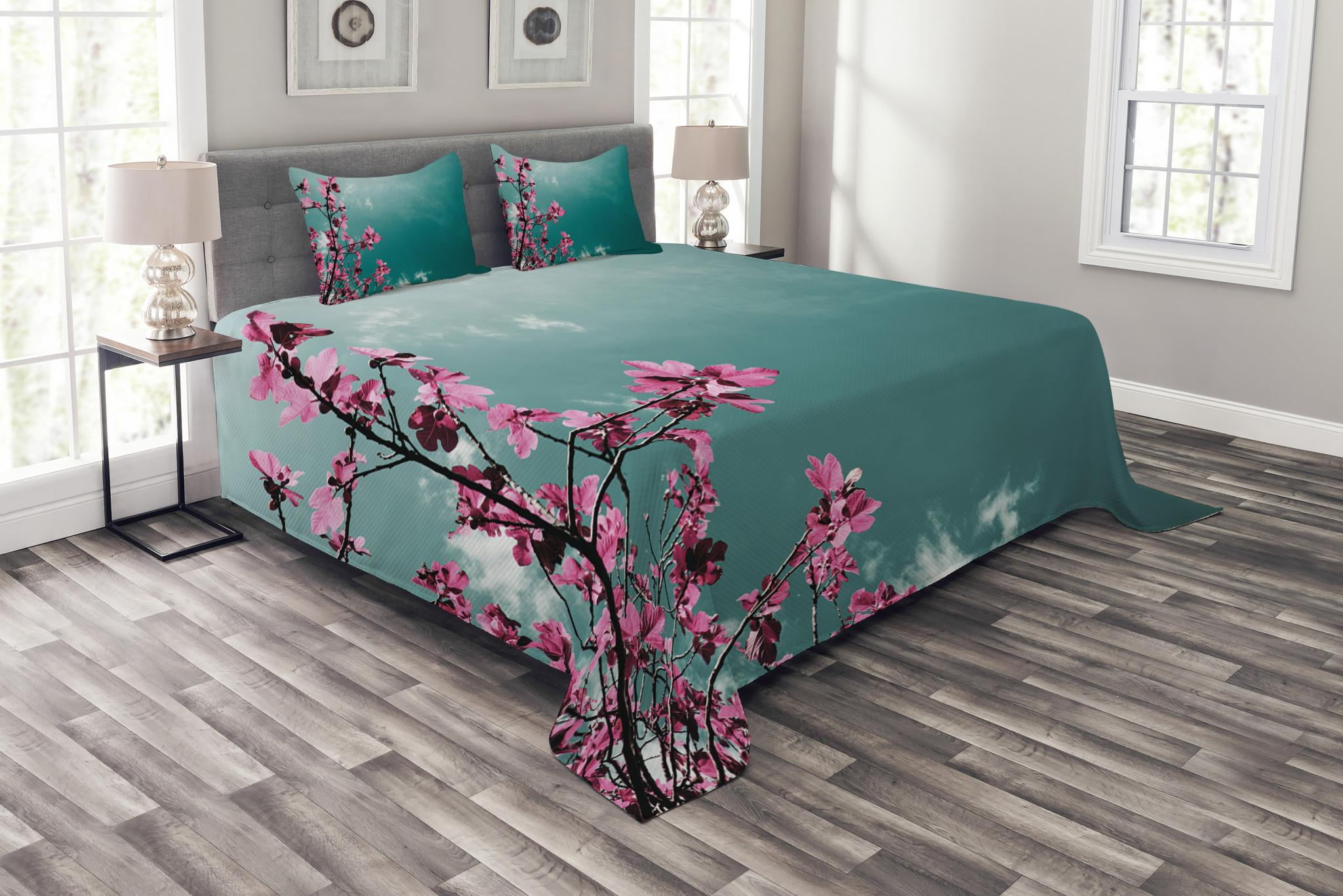Ambesonne Floral Quilted Bedspread Set 3 Pcs, Sunny Sky Exotic Summer ...