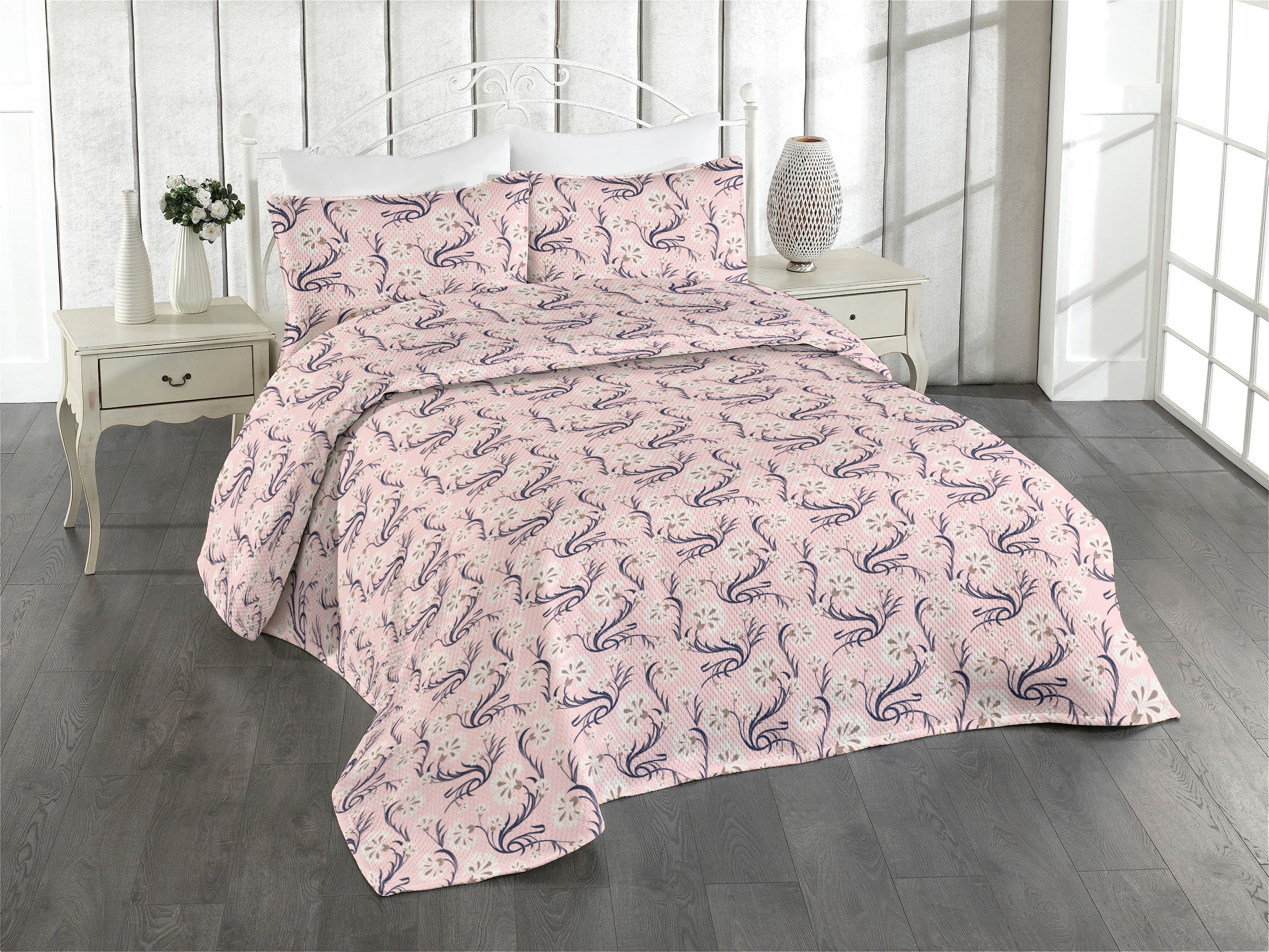 Ambesonne Floral Quilted Bedspread Set 3 Pcs, Swirly Branches of Spring ...
