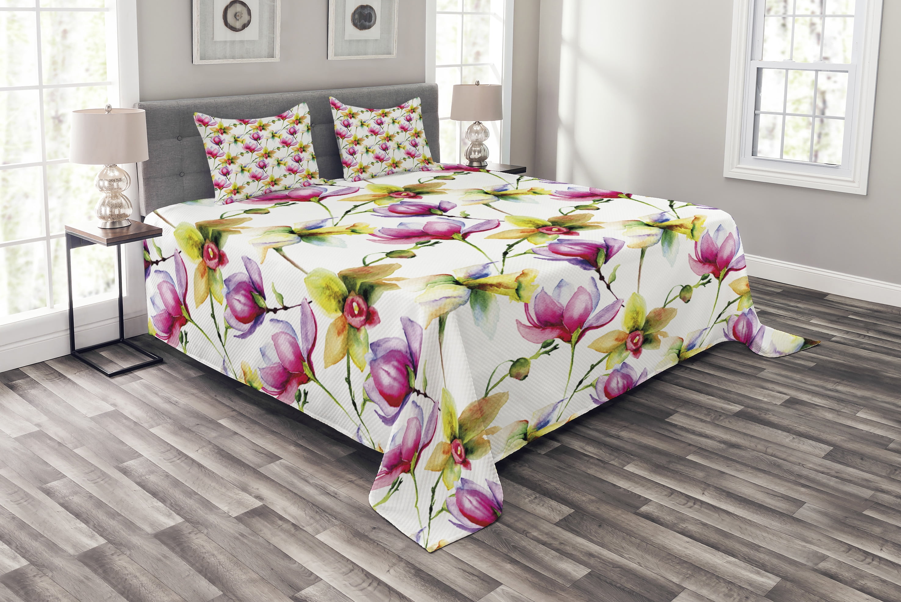 Ambesonne Floral Quilted Bedspread Set 3 Pcs, Vibrant Magnolia Flower ...