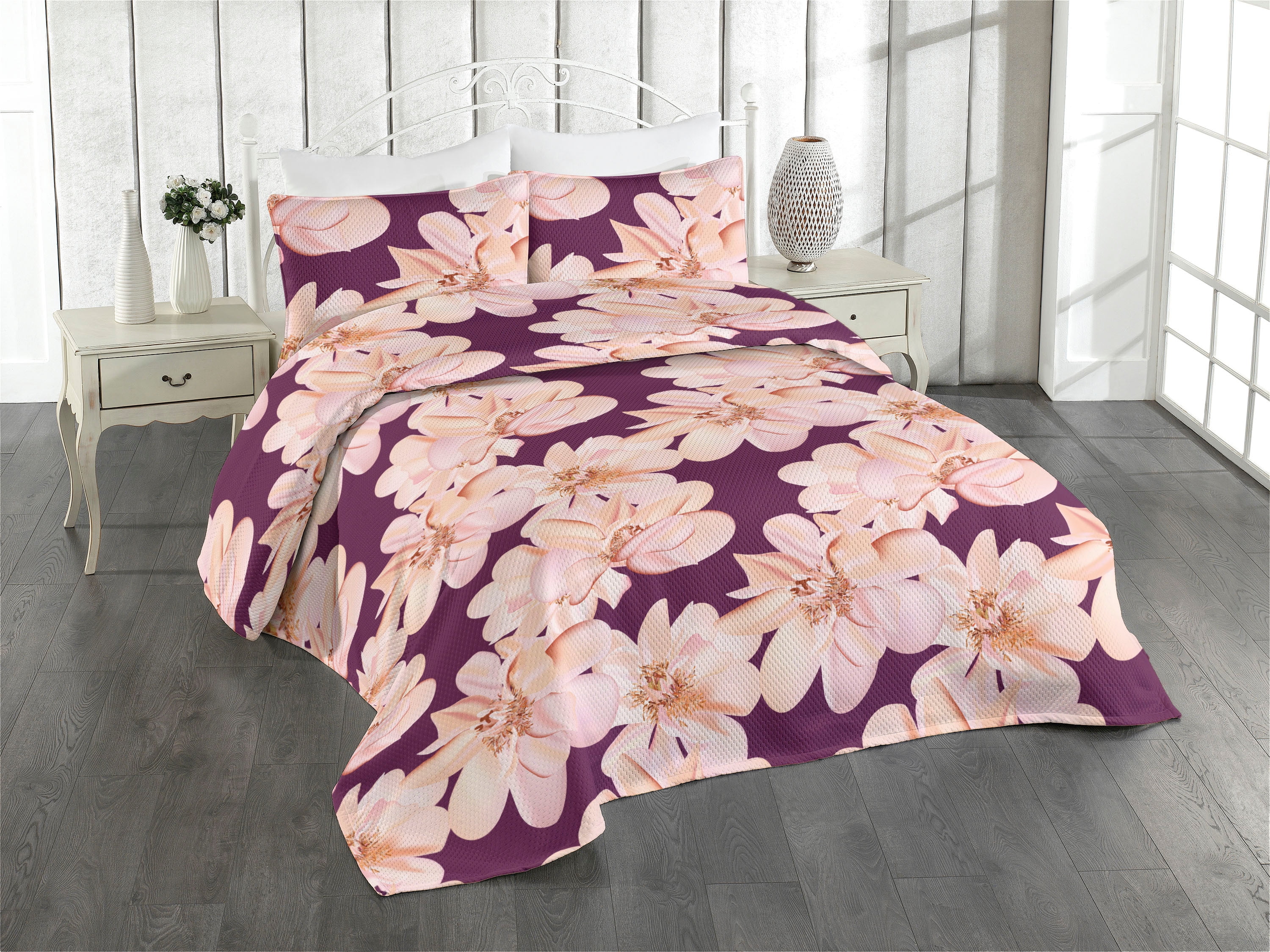 Ambesonne Floral Quilted Bedspread Set 3 Pcs, Vintage Pastel Rose ...