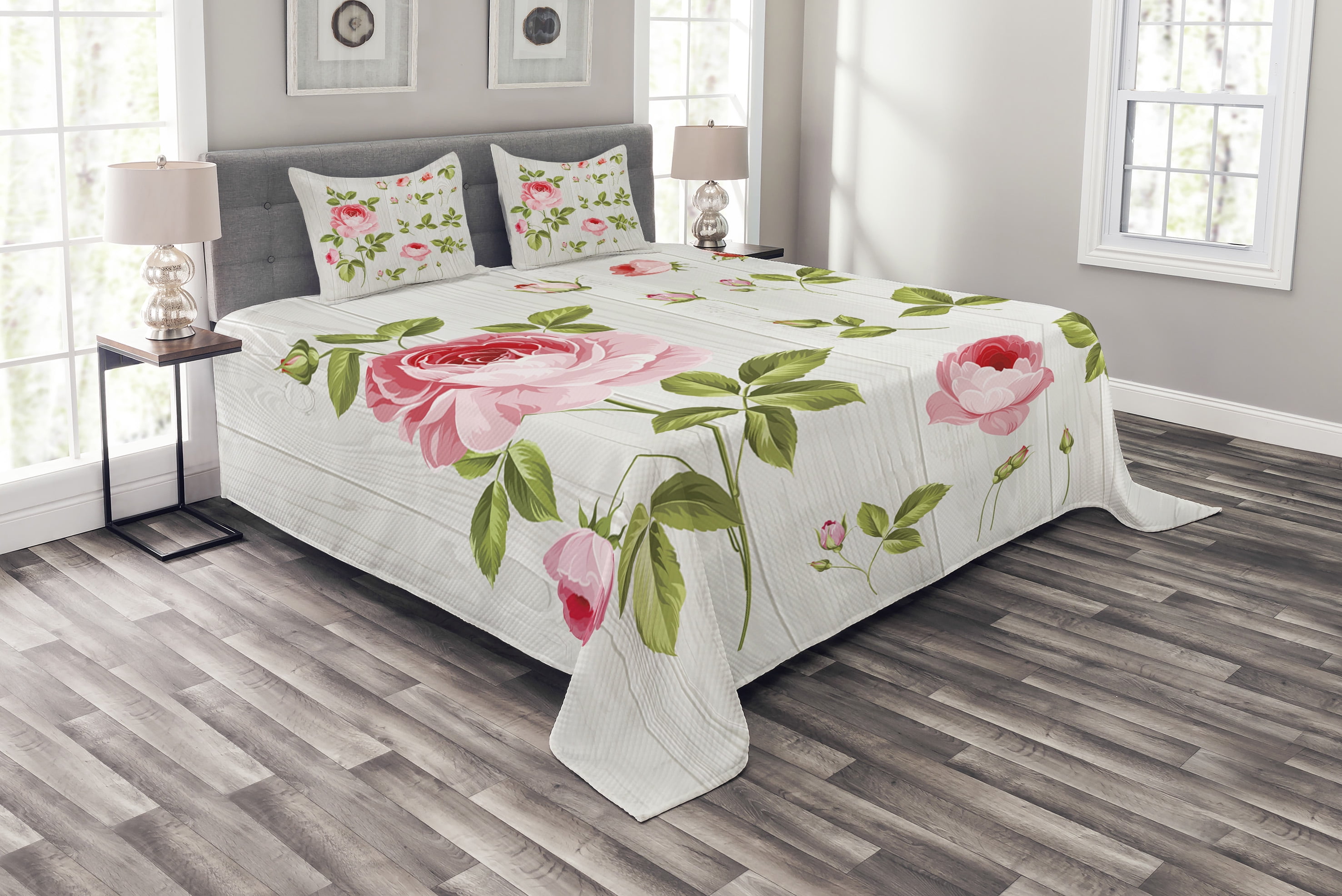 Ambesonne Floral Quilted Bedspread Set 3 Pcs, Vintage Rose Petals Leaf ...