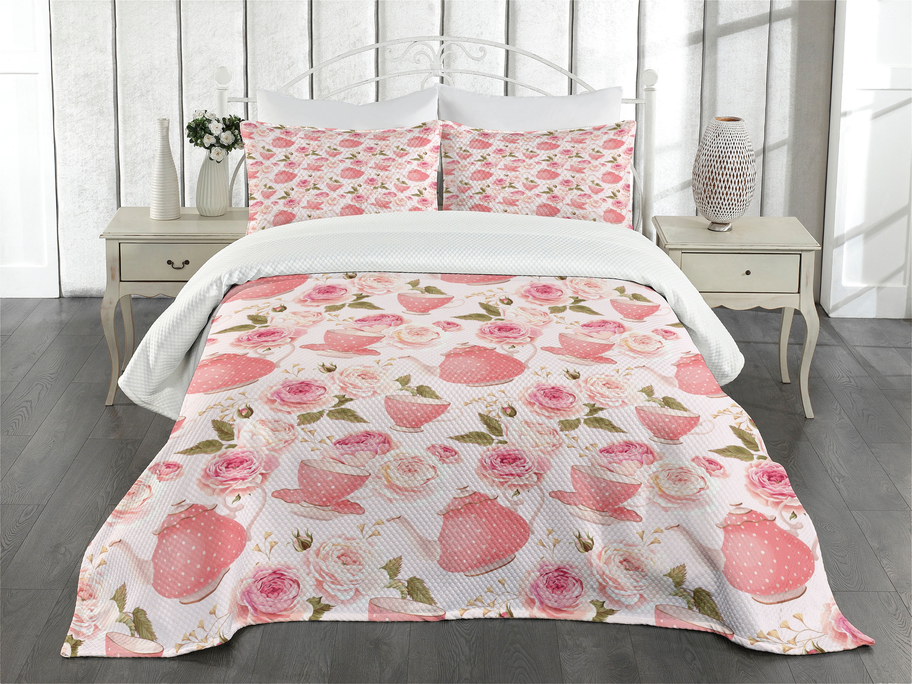 Ambesonne Floral Quilted Bedspread Set 3 Pcs, Vintage Tea Cups Roses ...
