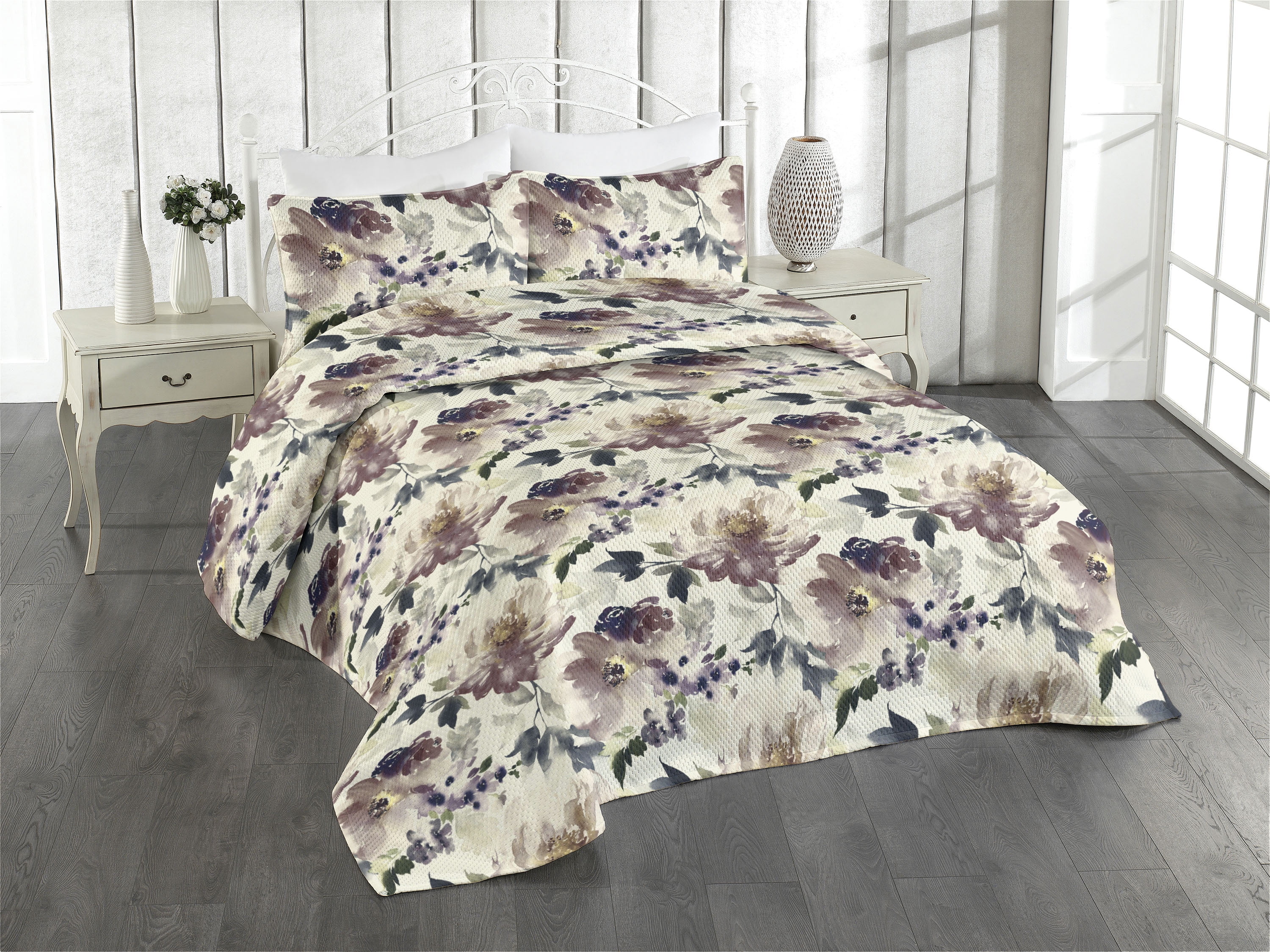 Ambesonne Floral Quilted Bedspread Set 3 Pcs, Watercolor Nature Art ...