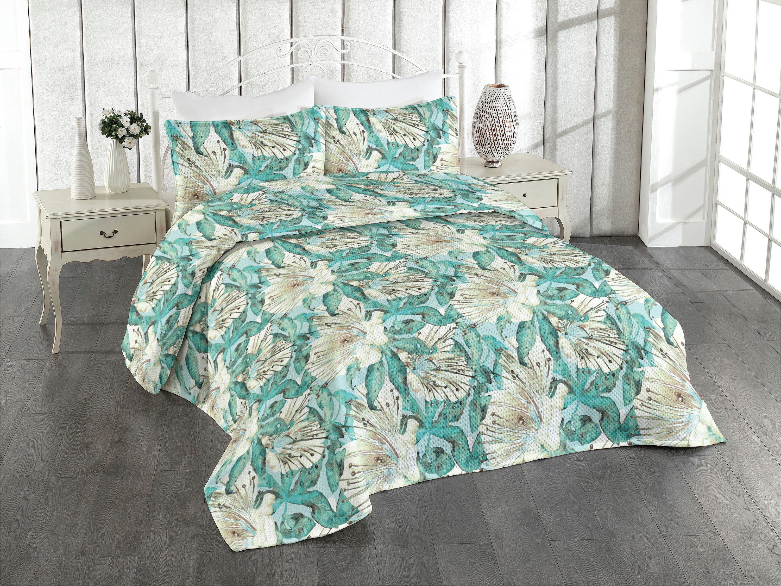Ambesonne Floral Quilted Bedspread Set 3 Pcs, Wild Nature Forest ...