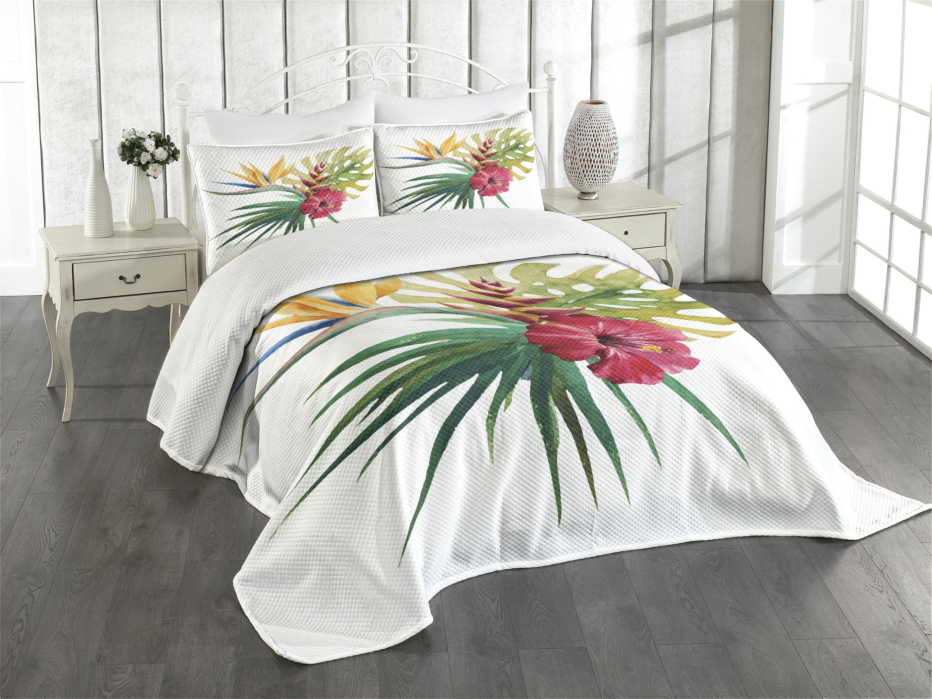 Ambesonne Floral Quilted Bedspread Set 3 Pcs, Wild Tropical Orchid ...