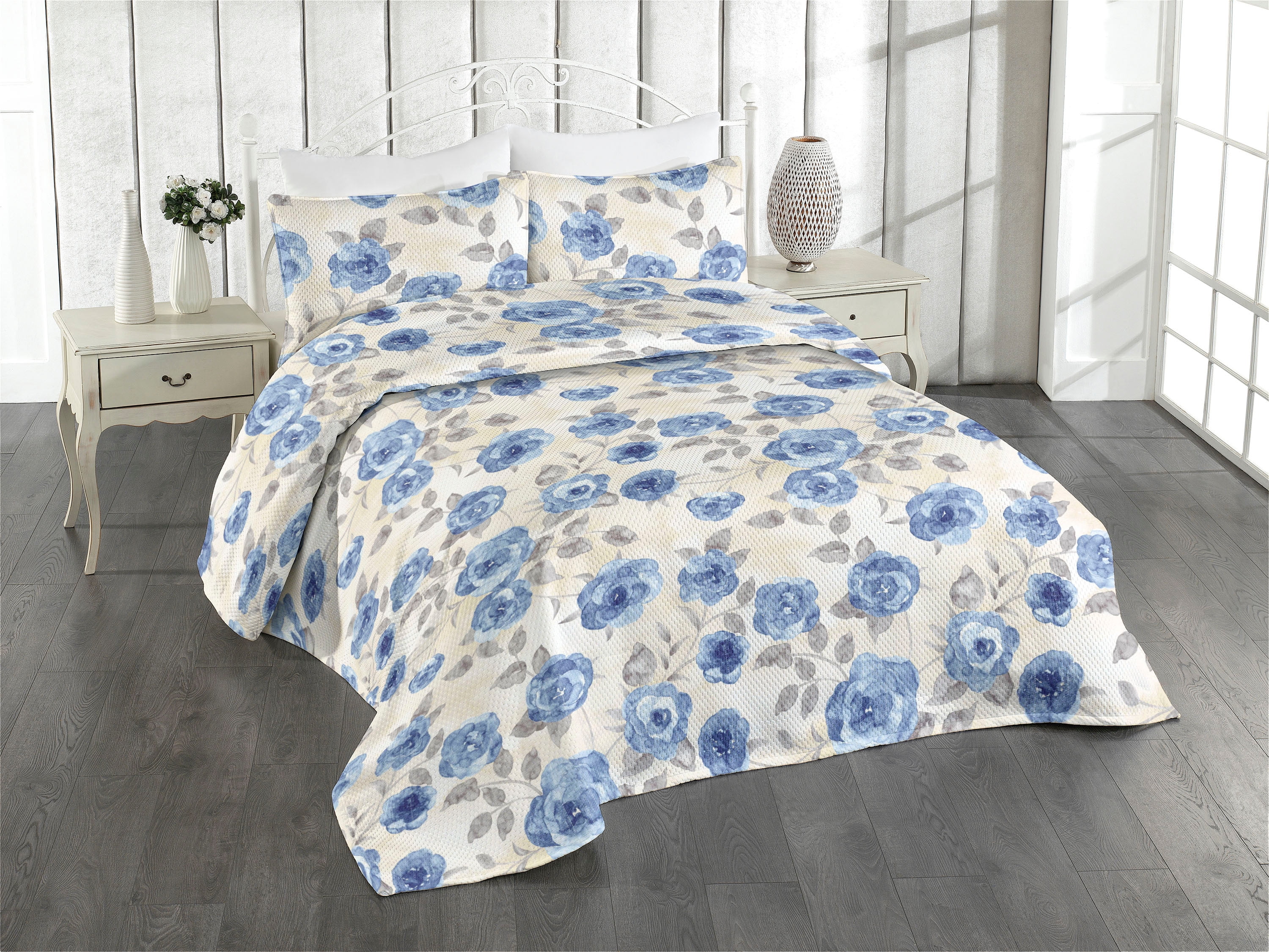Ambesonne Floral Quilted Bedspread Set 3 Pcs, Winter Sketch Roses ...