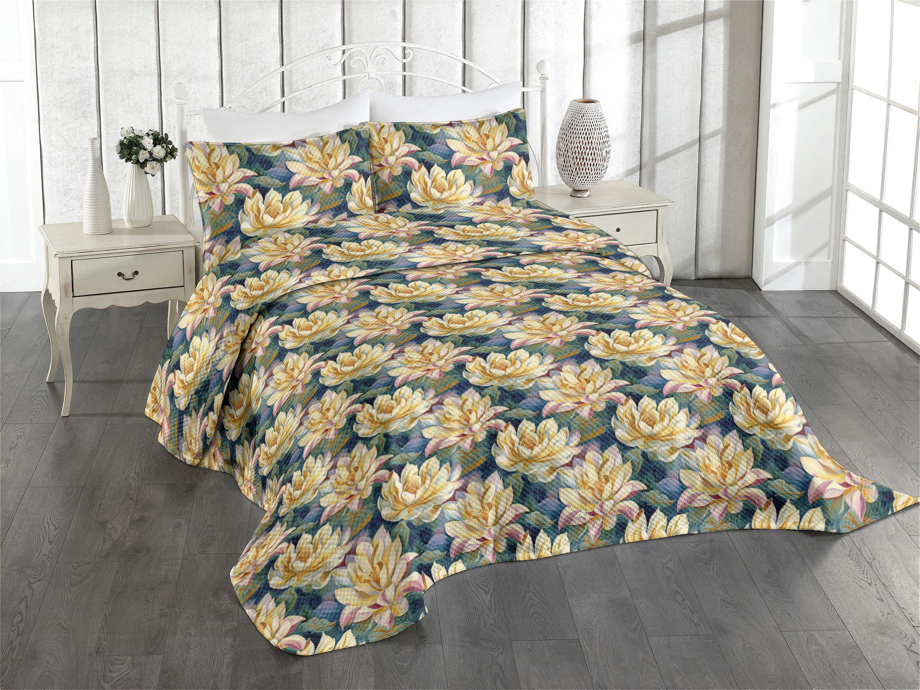 Ambesonne Floral Quilted Coverlet 2 Pcs, Blossoming Art Lotus Flowers ...