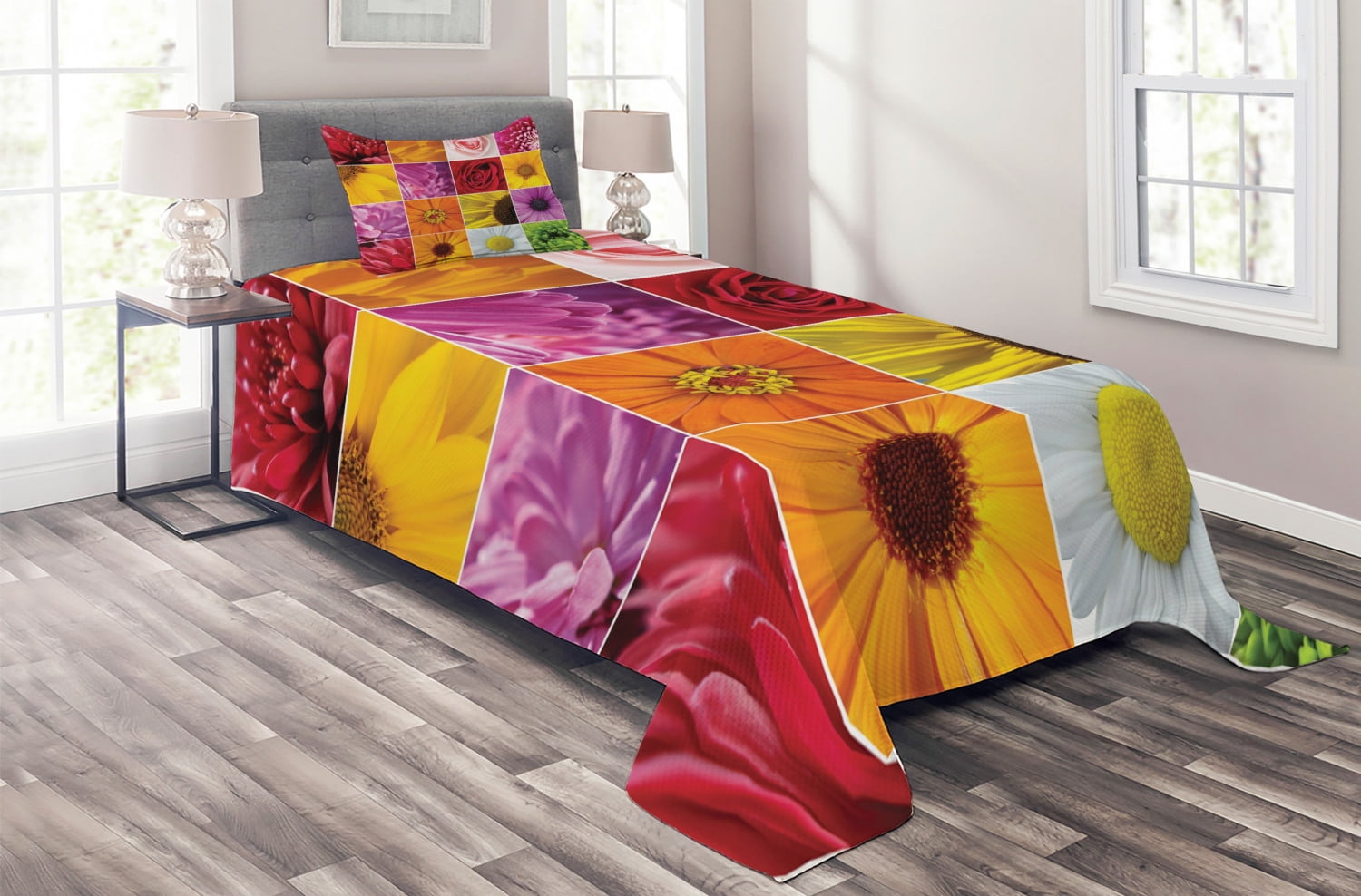 Ambesonne Floral Quilted Coverlet 2 Pcs, Colorful Flowers Rose, Twin ...