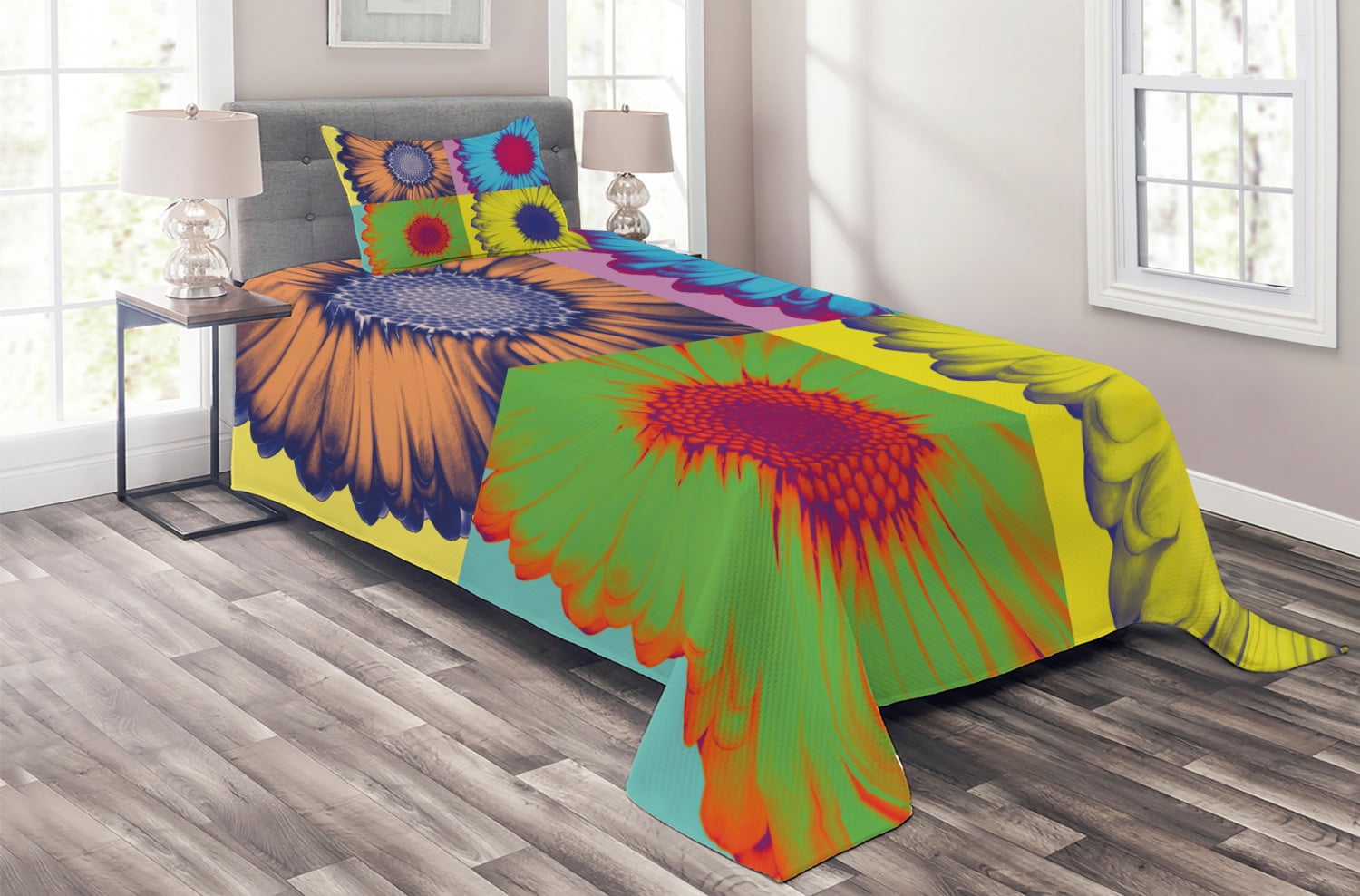 Ambesonne Floral Quilted Coverlet 2 Pcs, Daisy Flower Collage, Twin ...