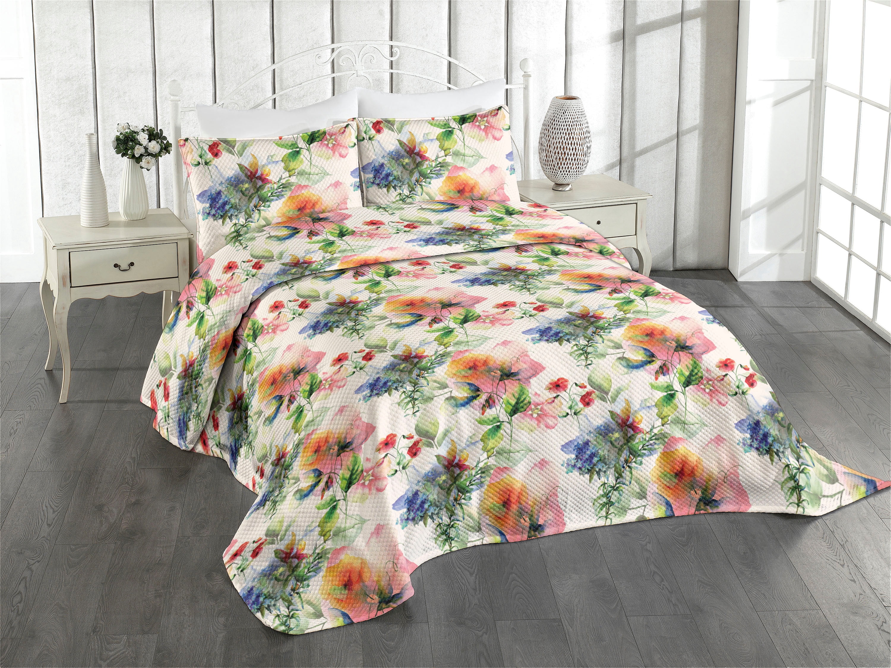 Ambesonne Floral Quilted Coverlet 2 Pcs, Flowers Wild Blooming Meadow ...