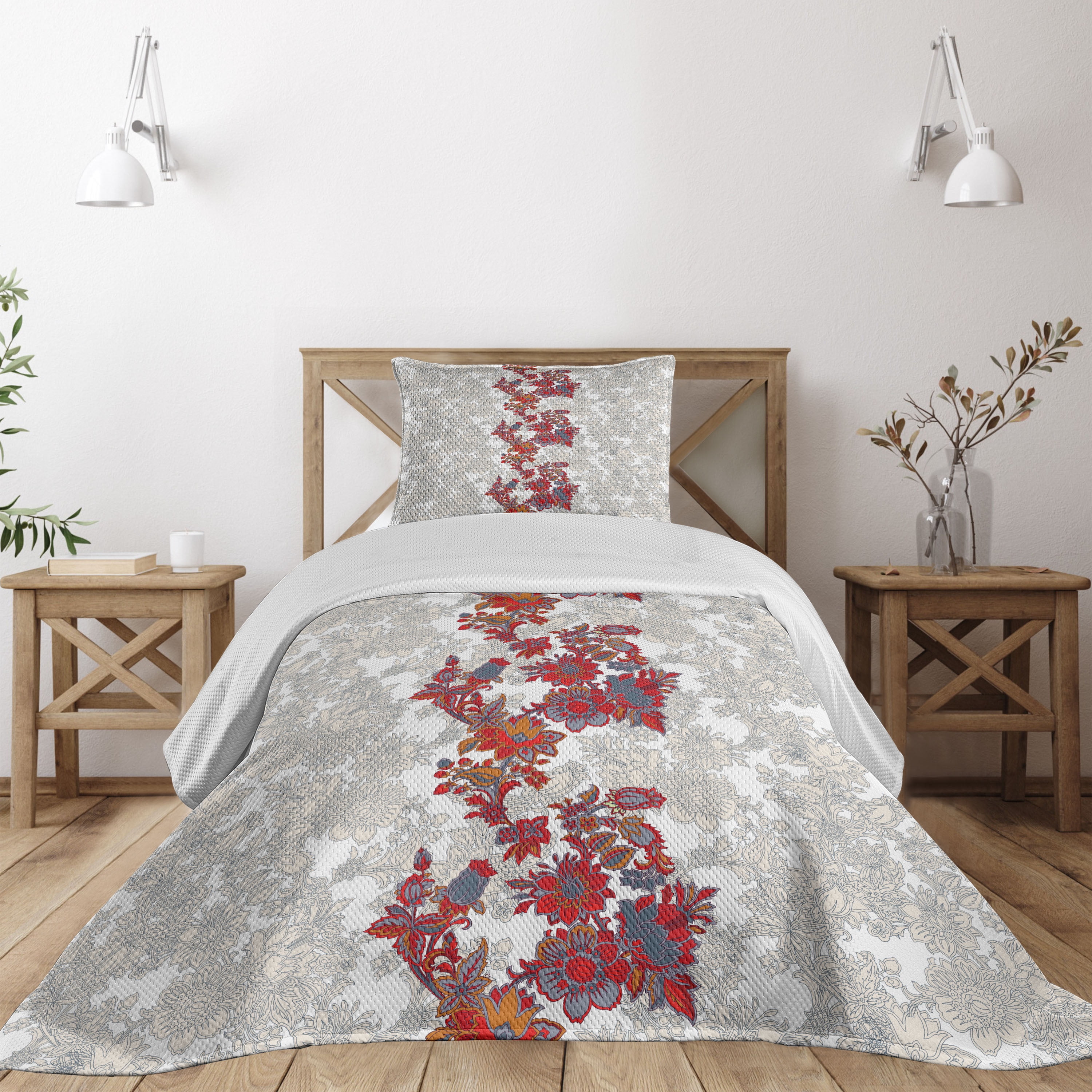 Ambesonne Floral Quilted Coverlet 2 Pcs, Romantic Vİbrant Boho, Twin ...