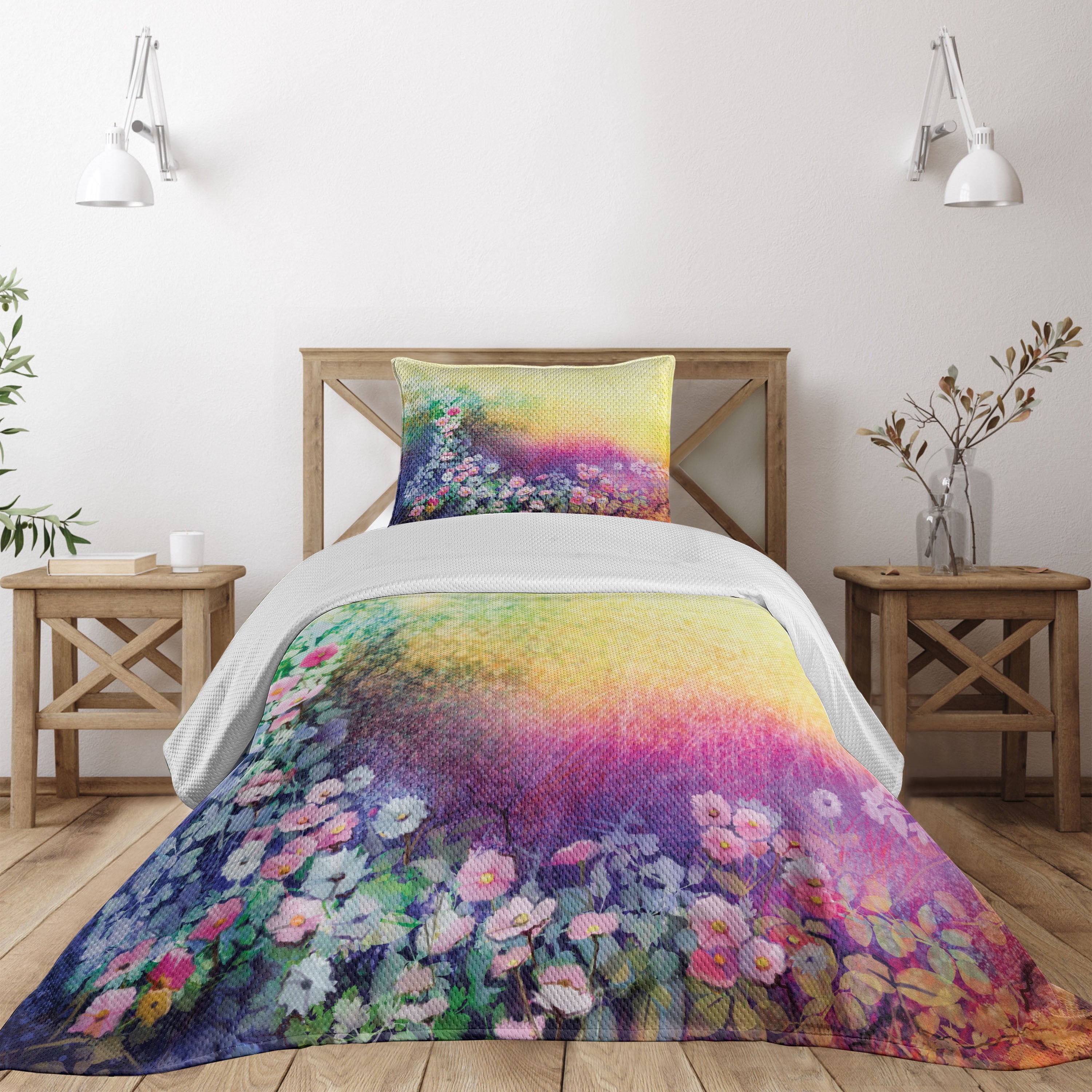 Ambesonne Floral Quilted Coverlet 2 Pcs, Spring Flowers Ivy Art, Twin ...