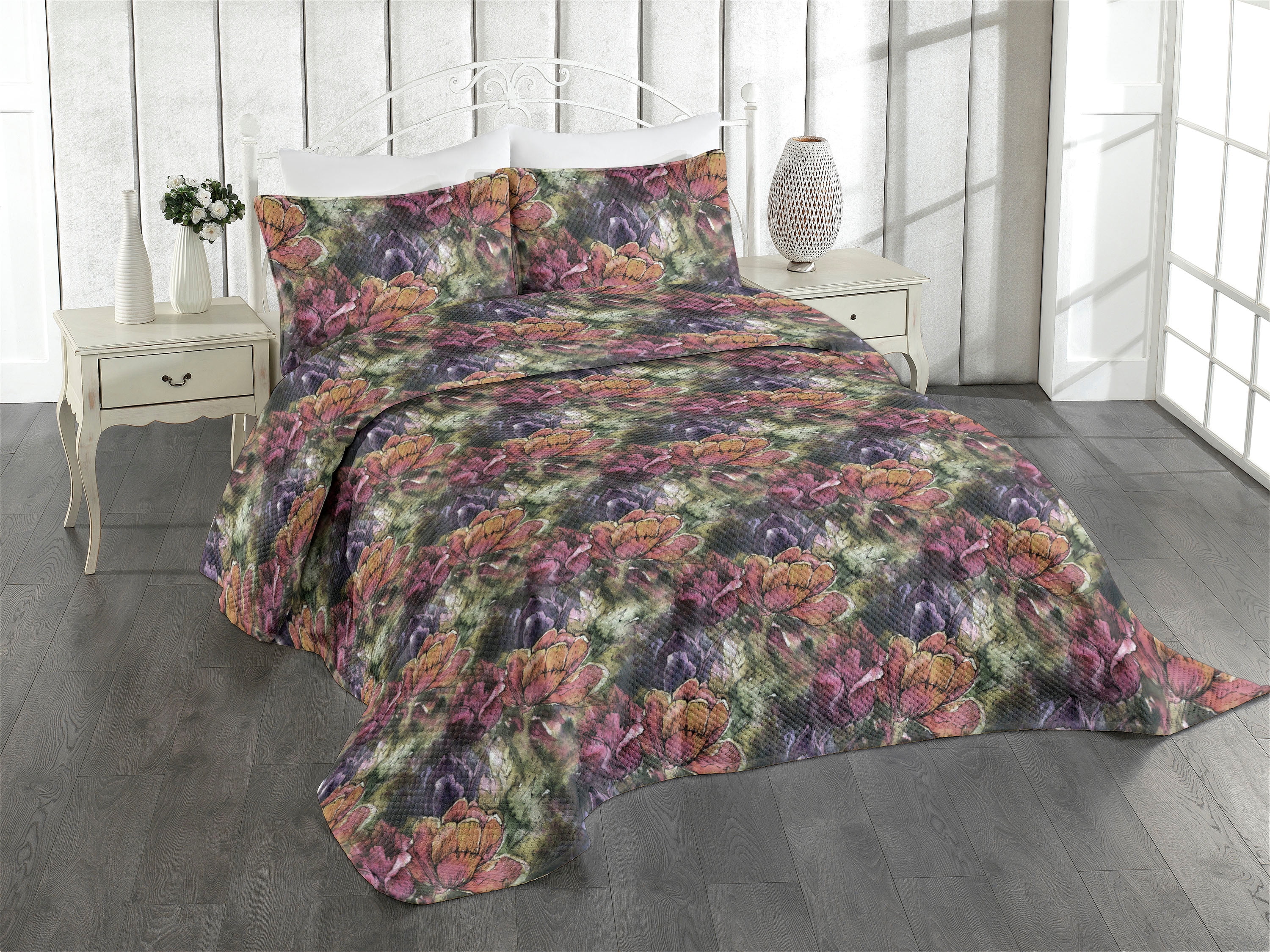 Ambesonne Floral Quilted Coverlet 2 Pcs, Tulip Flowers Summer Concept ...