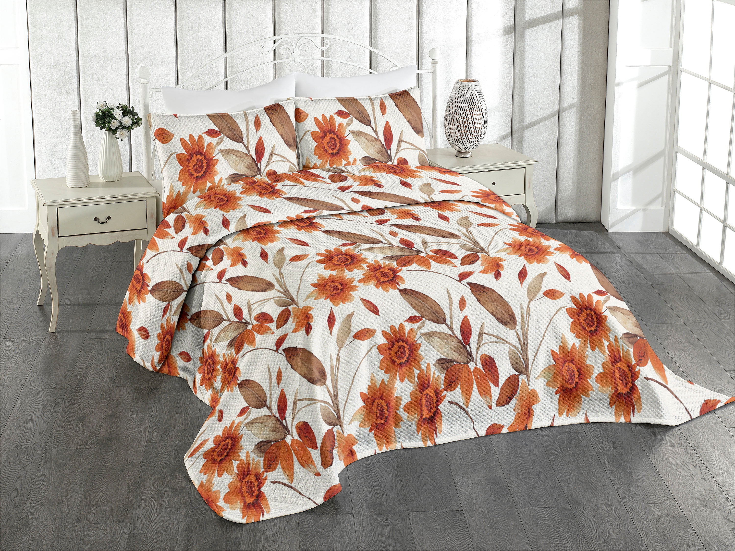 Ambesonne Floral Quilted Coverlet 3 Pcs, Art Autumnal Romance Flowers ...