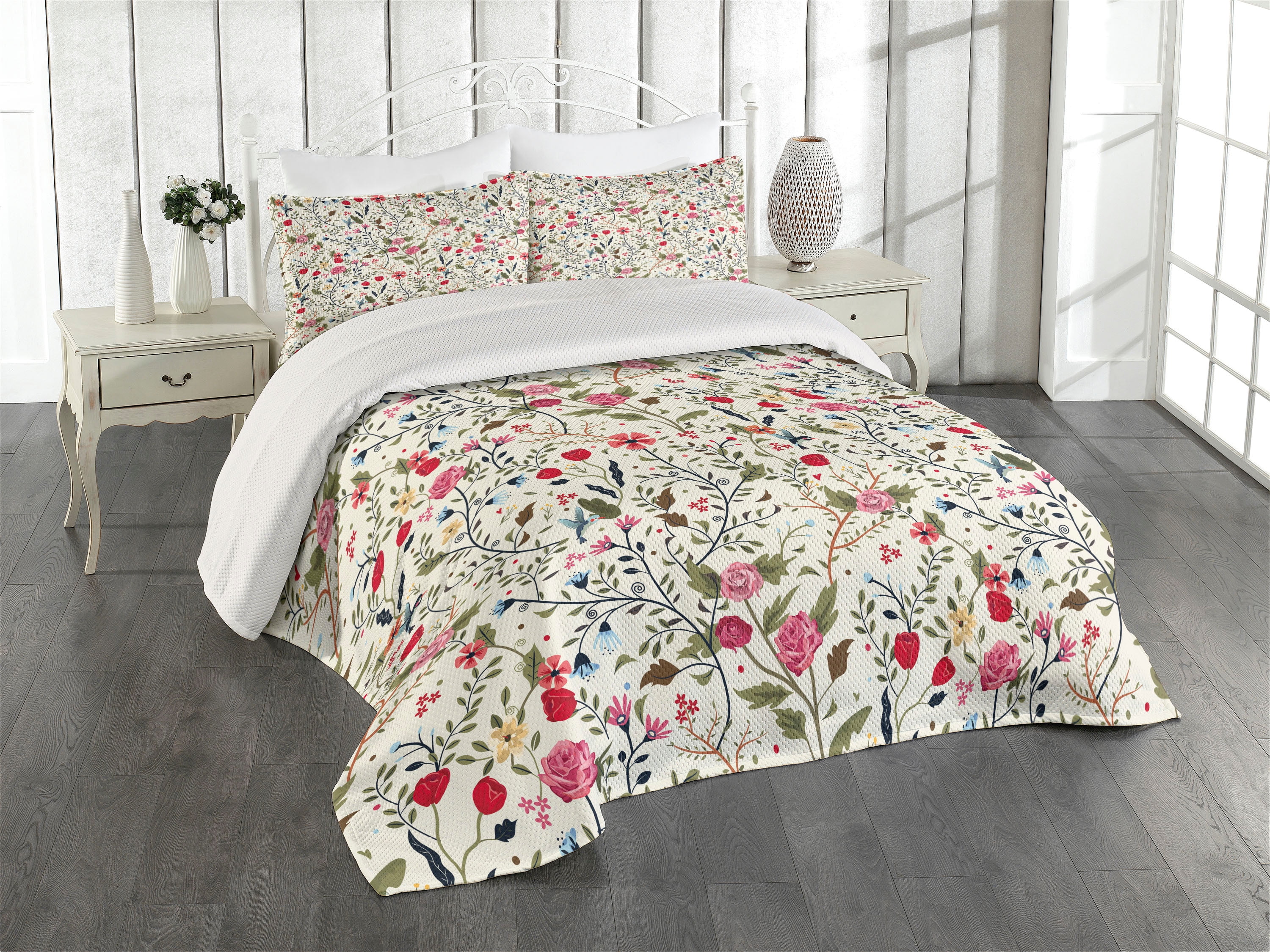 Ambesonne Floral Quilted Coverlet 3 Pcs, Birds Roses Polka Dots, King ...