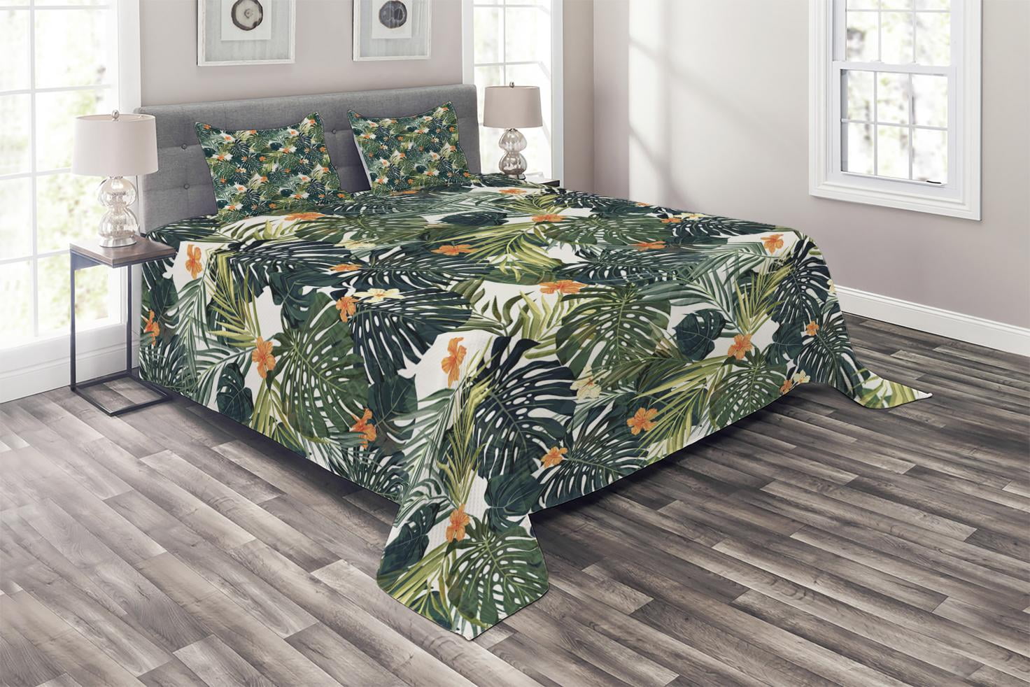 Ambesonne Floral Quilted Coverlet 3 Pcs, Botanic Tropic Leaves, Queen ...