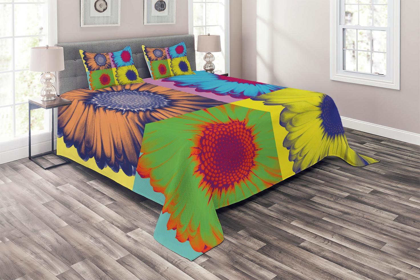 Ambesonne Floral Quilted Coverlet 3 Pcs, Daisy Flower Collage, King ...