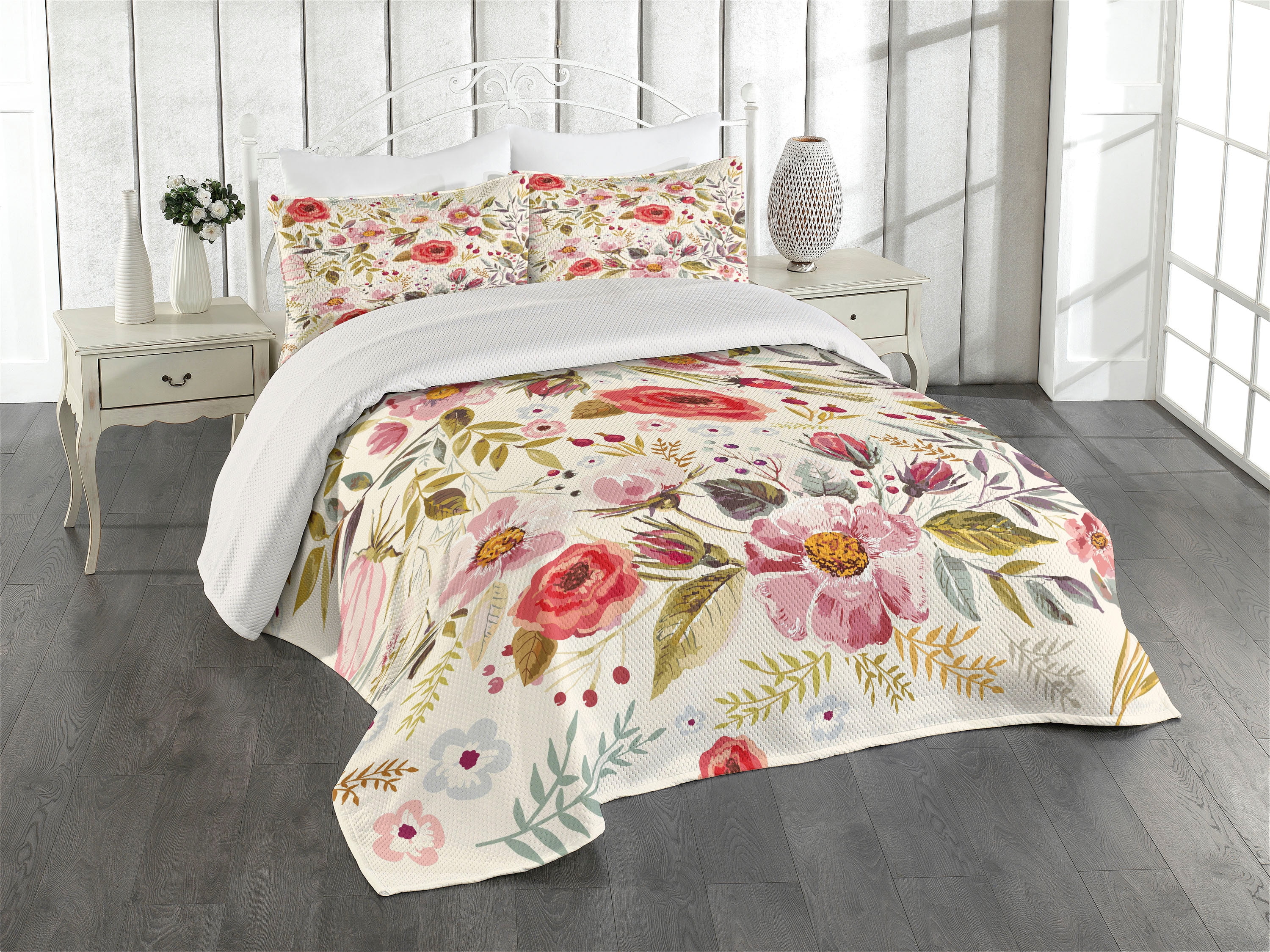 Ambesonne Floral Quilted Coverlet 3 Pcs, Flowers Roses Blooms, King ...
