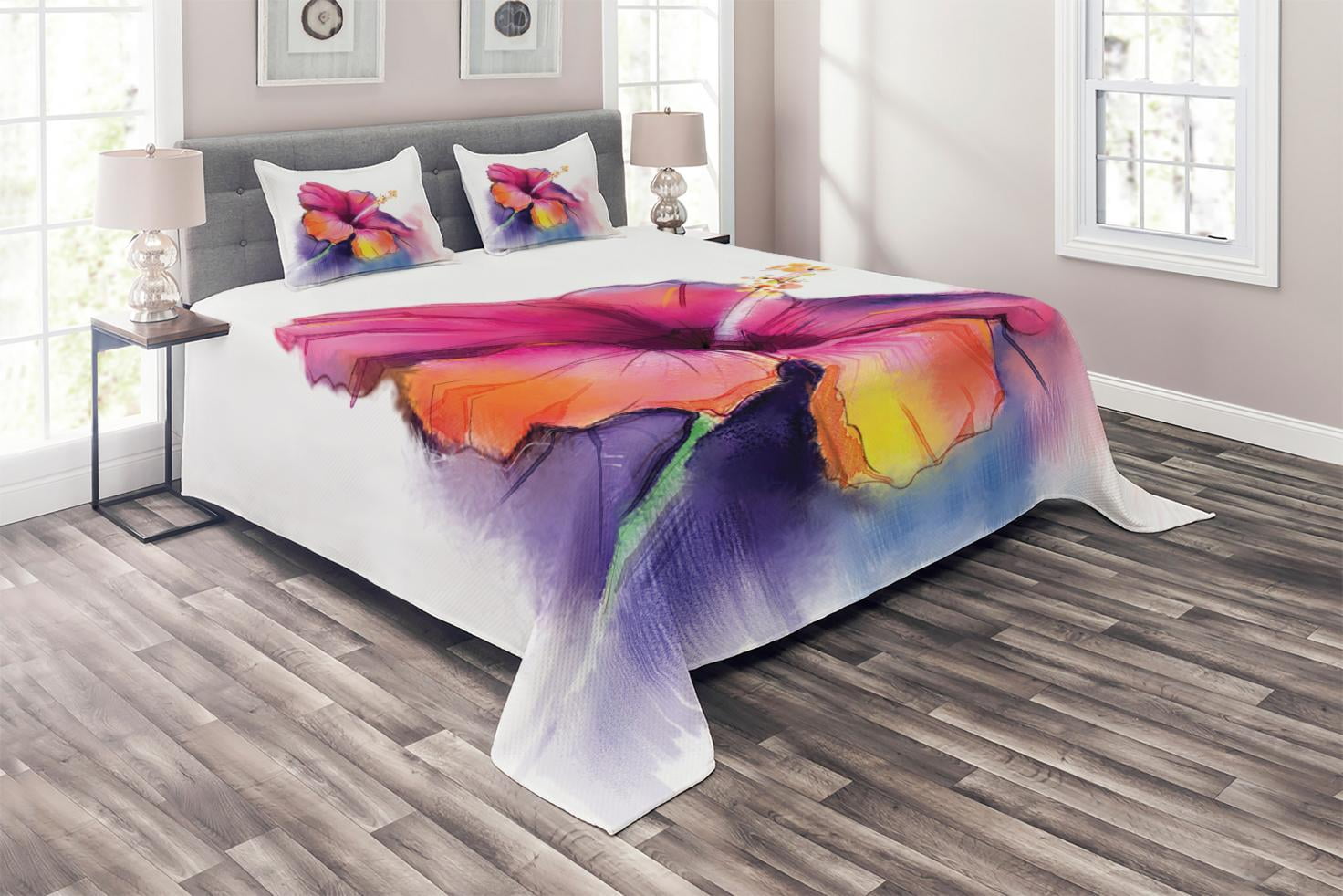 Ambesonne Floral Quilted Coverlet 3 Pcs, Hibiscus Flower Pastel, Queen ...