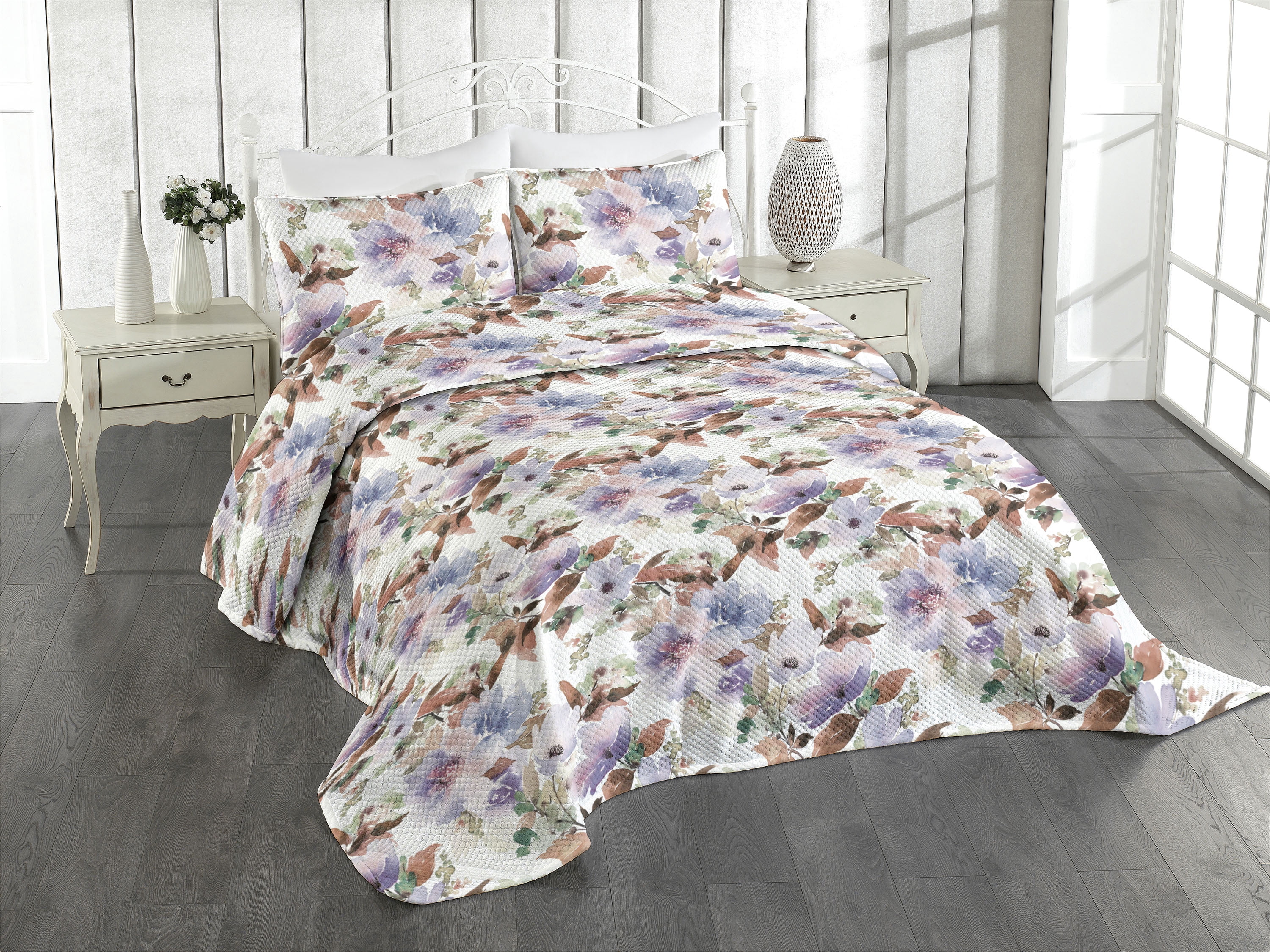 Ambesonne Floral Quilted Coverlet 3 Pcs, Leaves Petals Blossoms Print ...