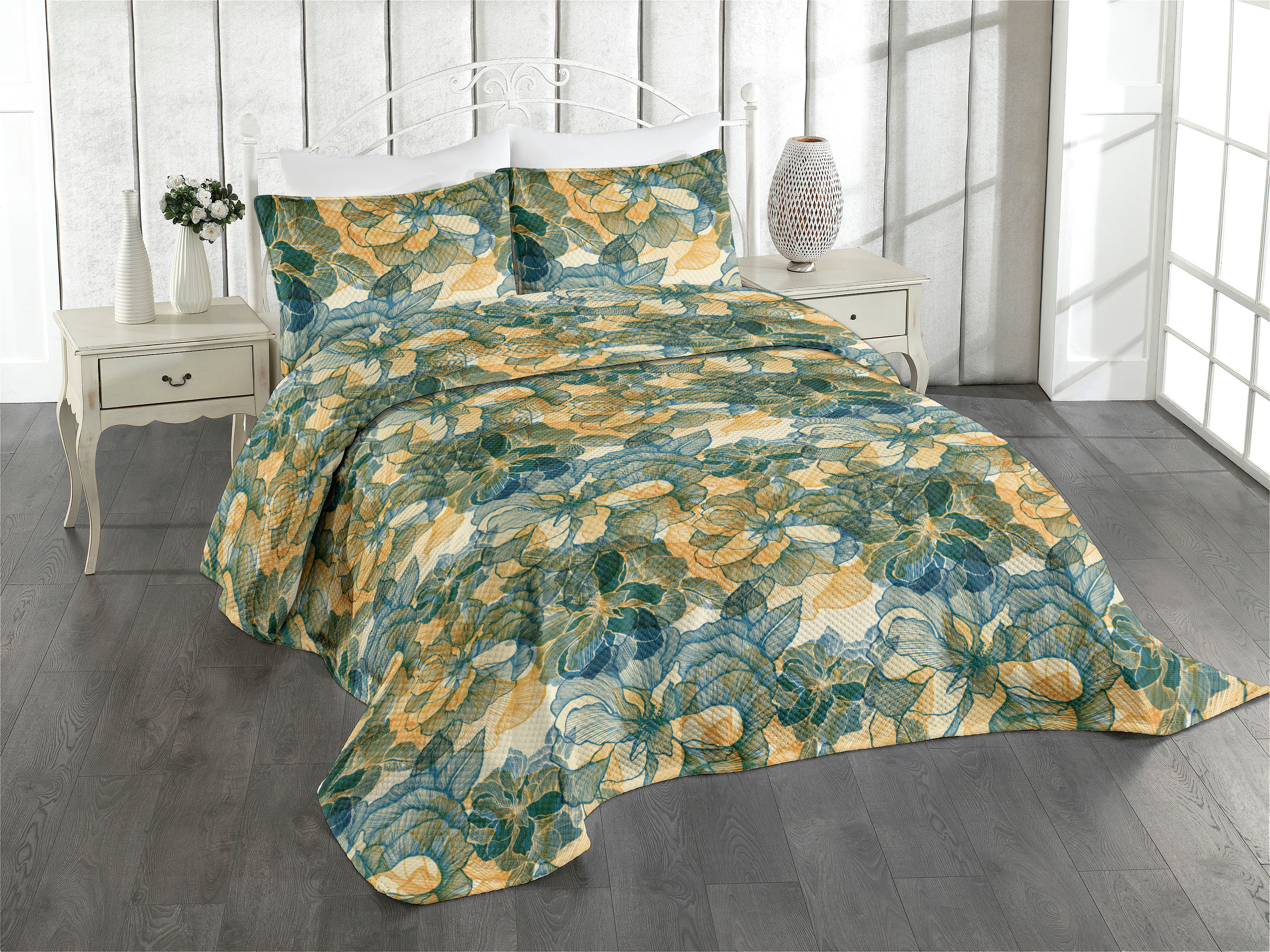 Ambesonne Floral Quilted Coverlet 3 Pcs, Linear Abstract Flowers Art ...