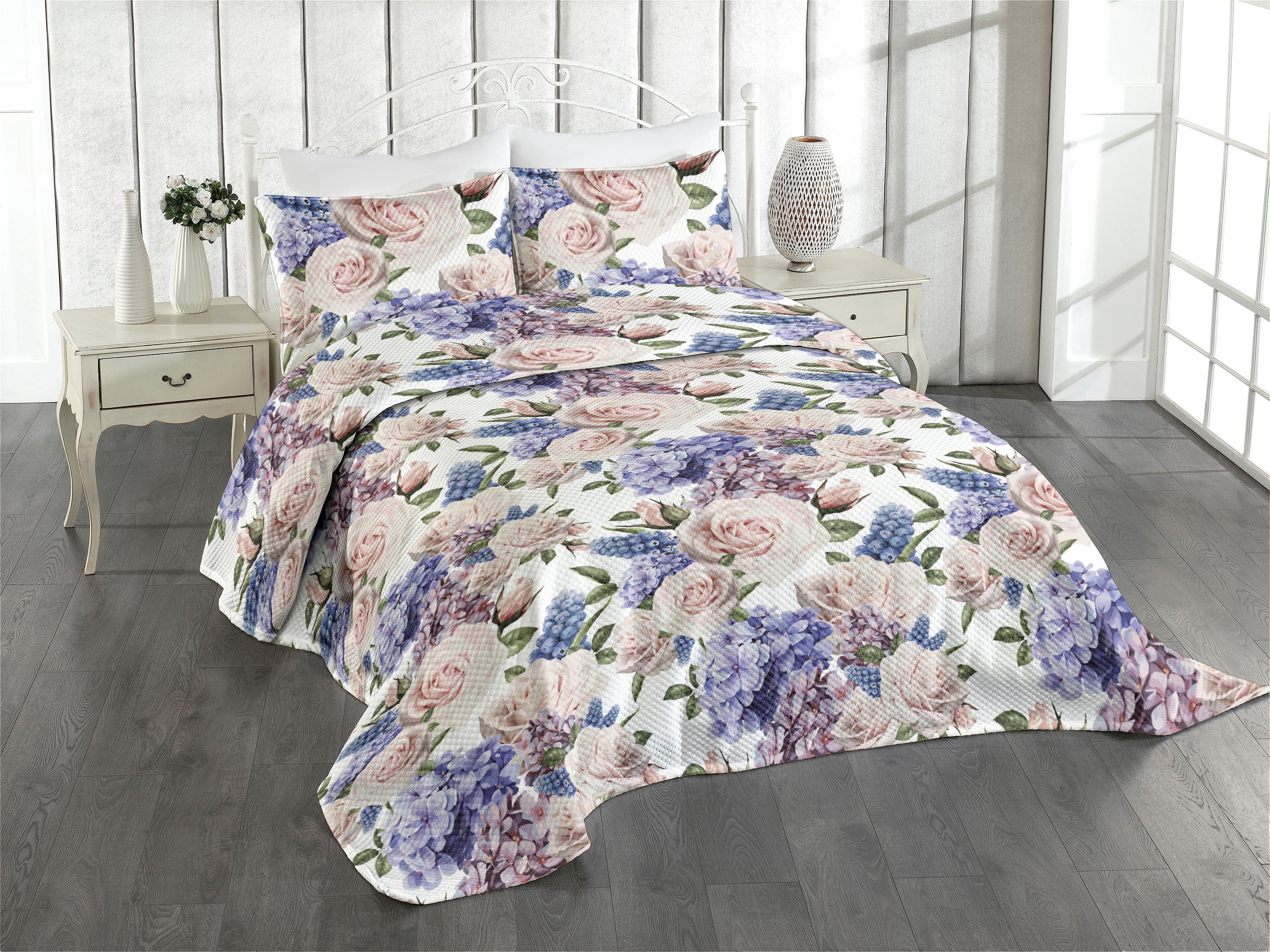Ambesonne Floral Quilted Coverlet 3 Pcs, Pastel Summer Feels Roses ...