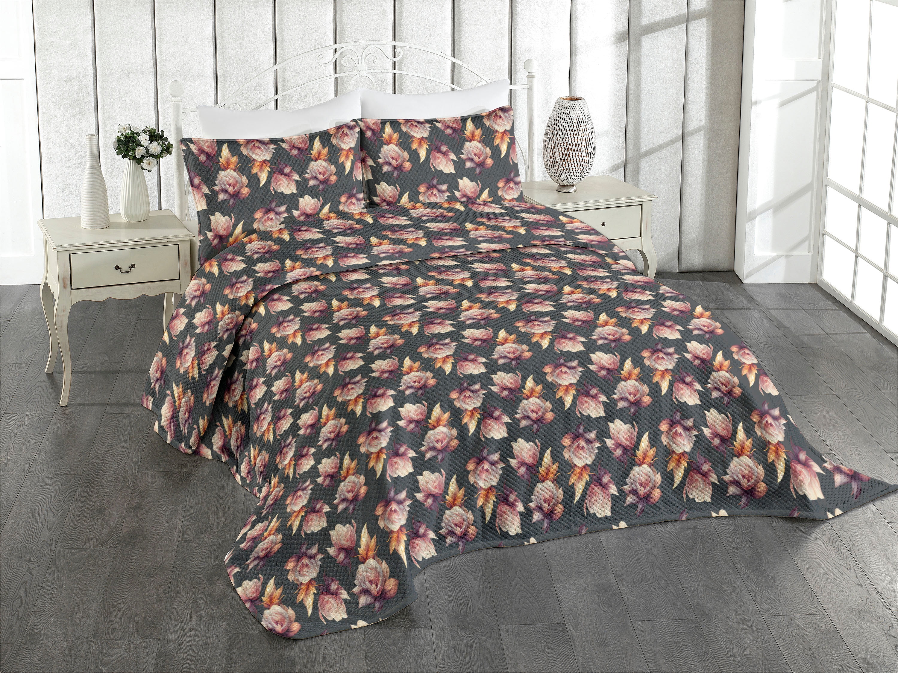 Ambesonne Floral Quilted Coverlet 3 Pcs, Realistic Rose Pattern Retro ...