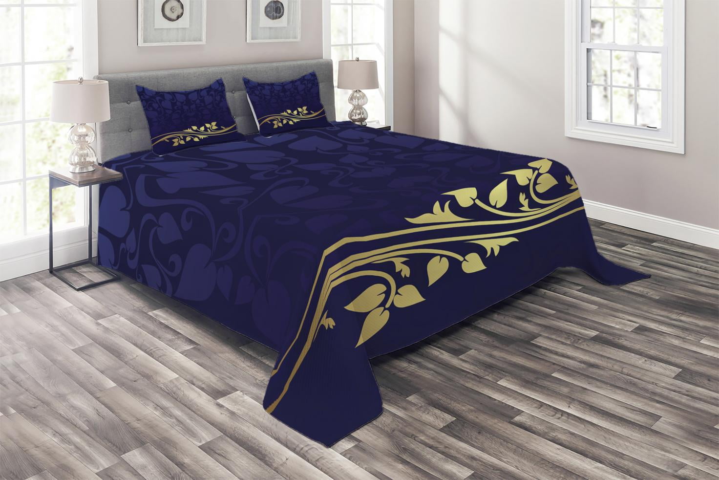 Ambesonne Floral Quilted Coverlet 3 Pcs, Romantic Royal Leaves, King ...