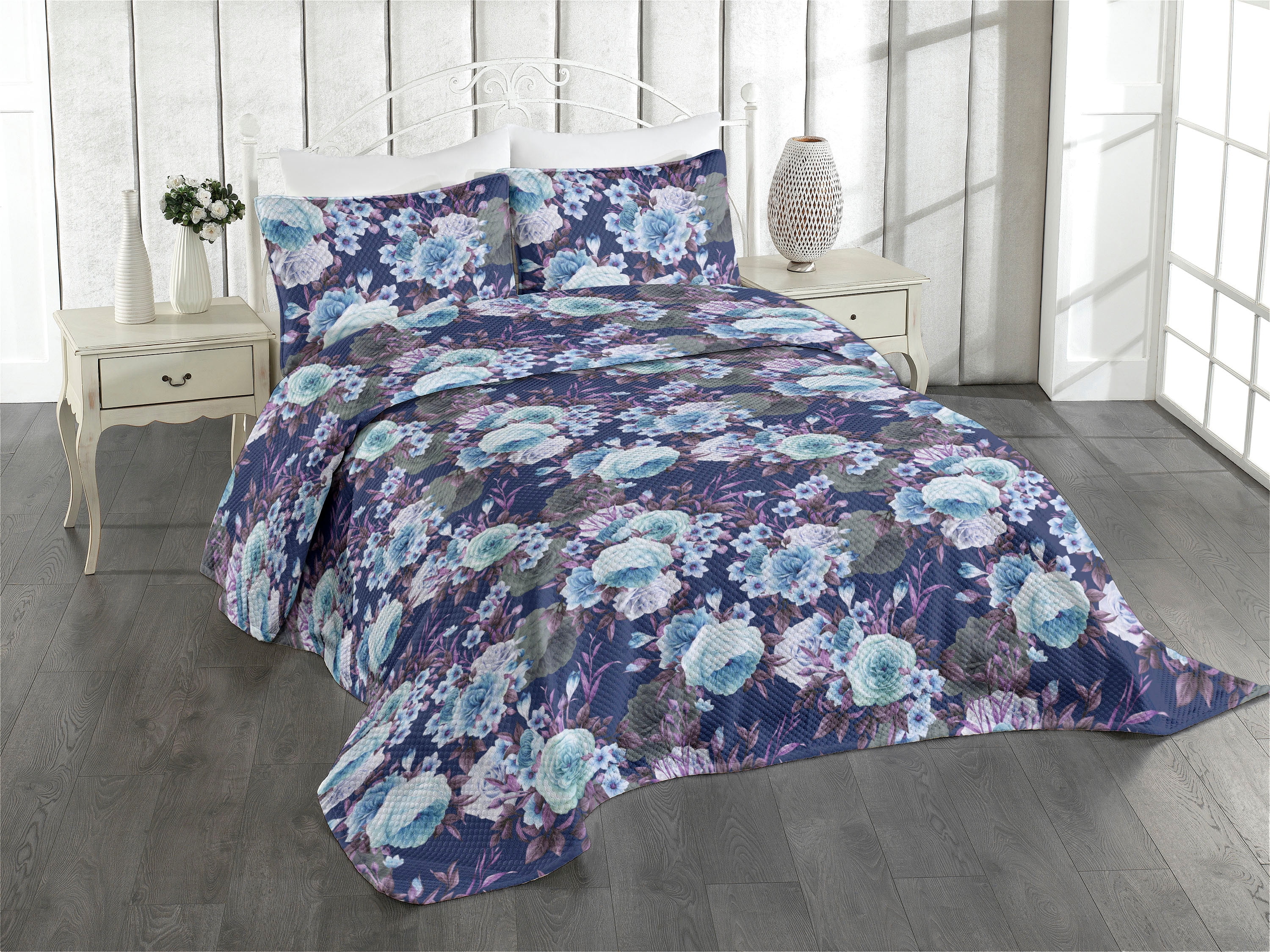 Ambesonne Floral Quilted Coverlet 3 Pcs, Roses Flowers Leaves Plot ...