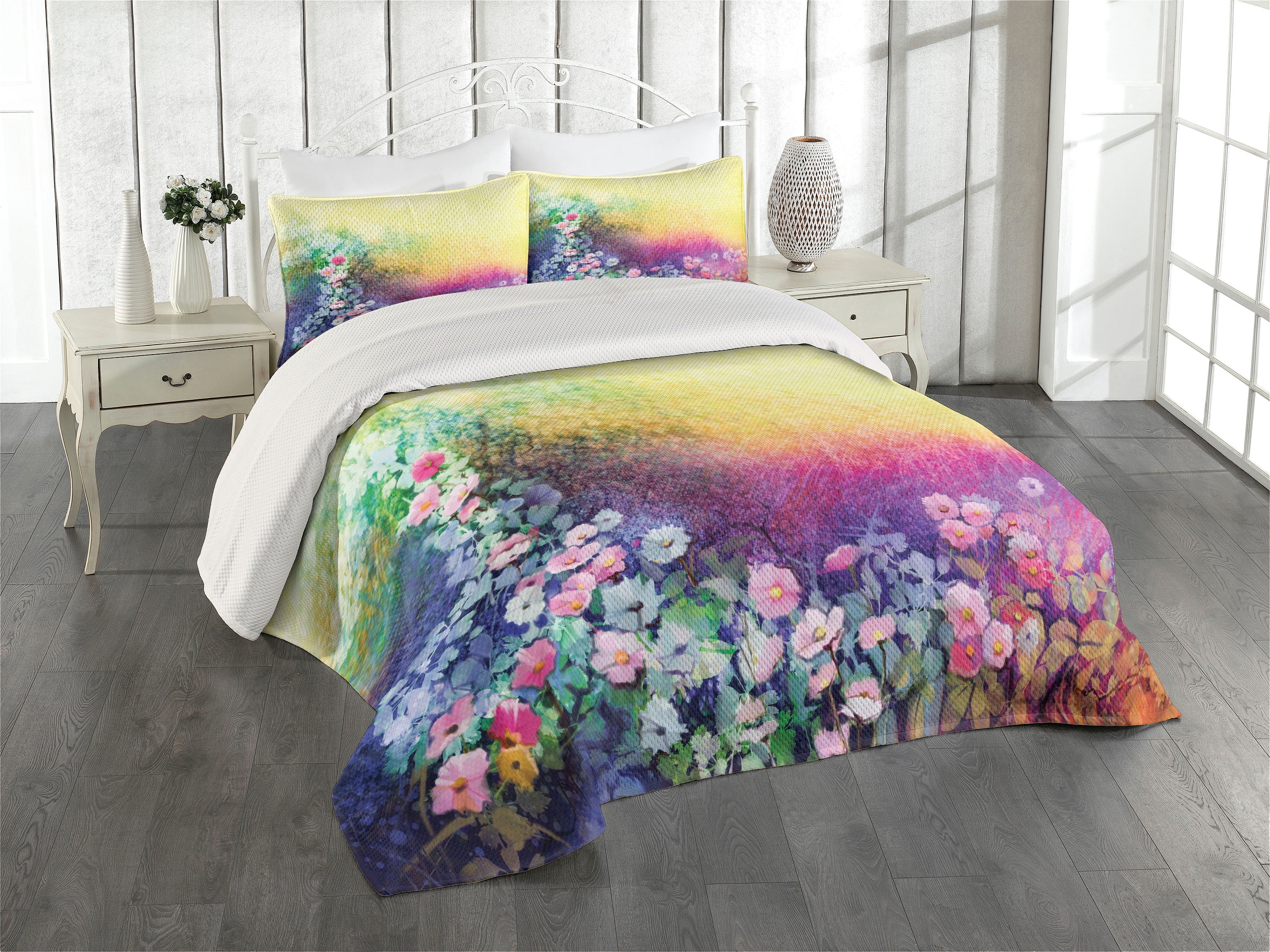 Ambesonne Floral Quilted Coverlet 3 Pcs, Spring Flowers Ivy Art, King ...
