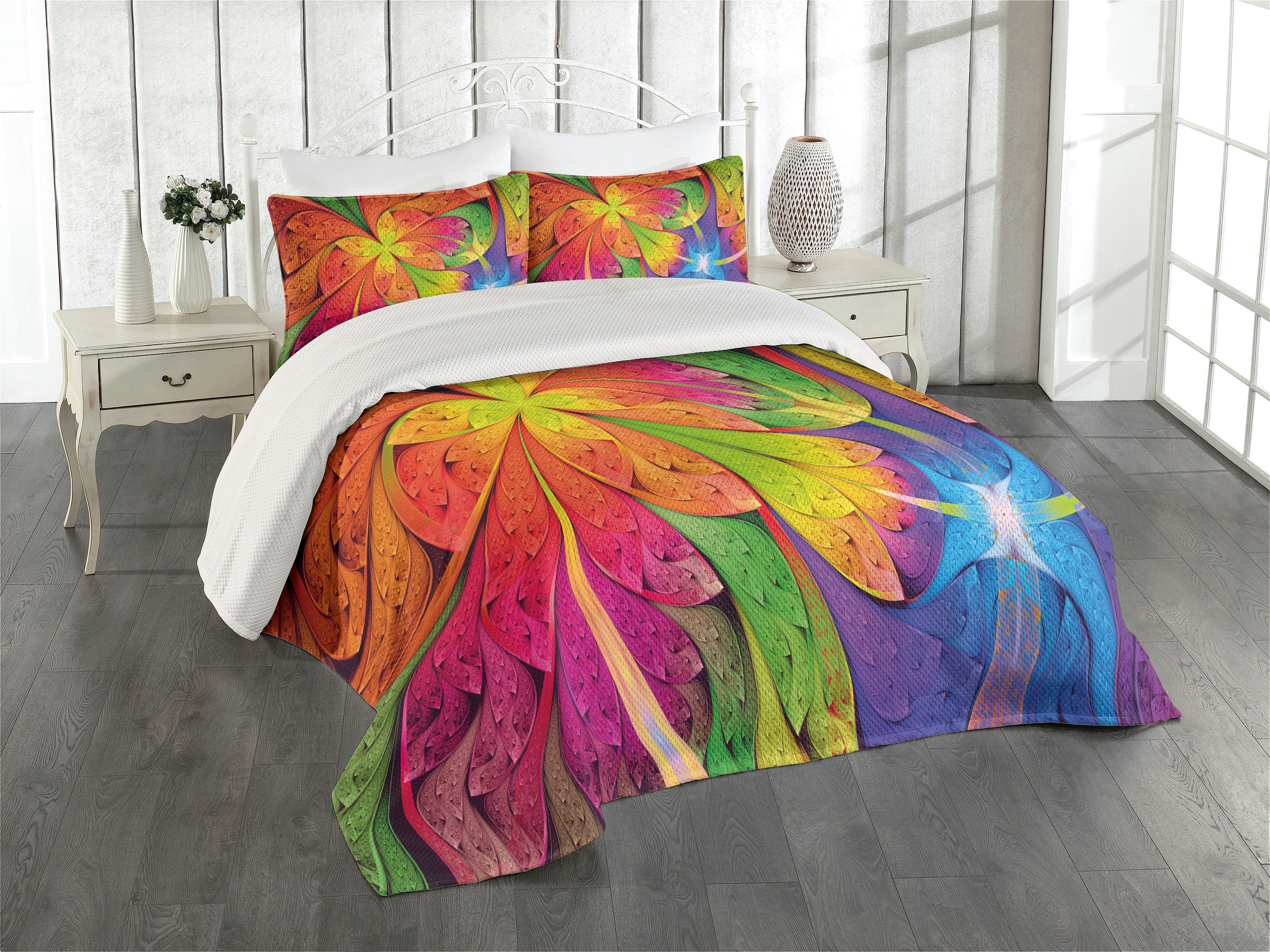 Ambesonne Floral Quilted Coverlet 3 Pcs, Vibrant Colored Pattern, Queen ...