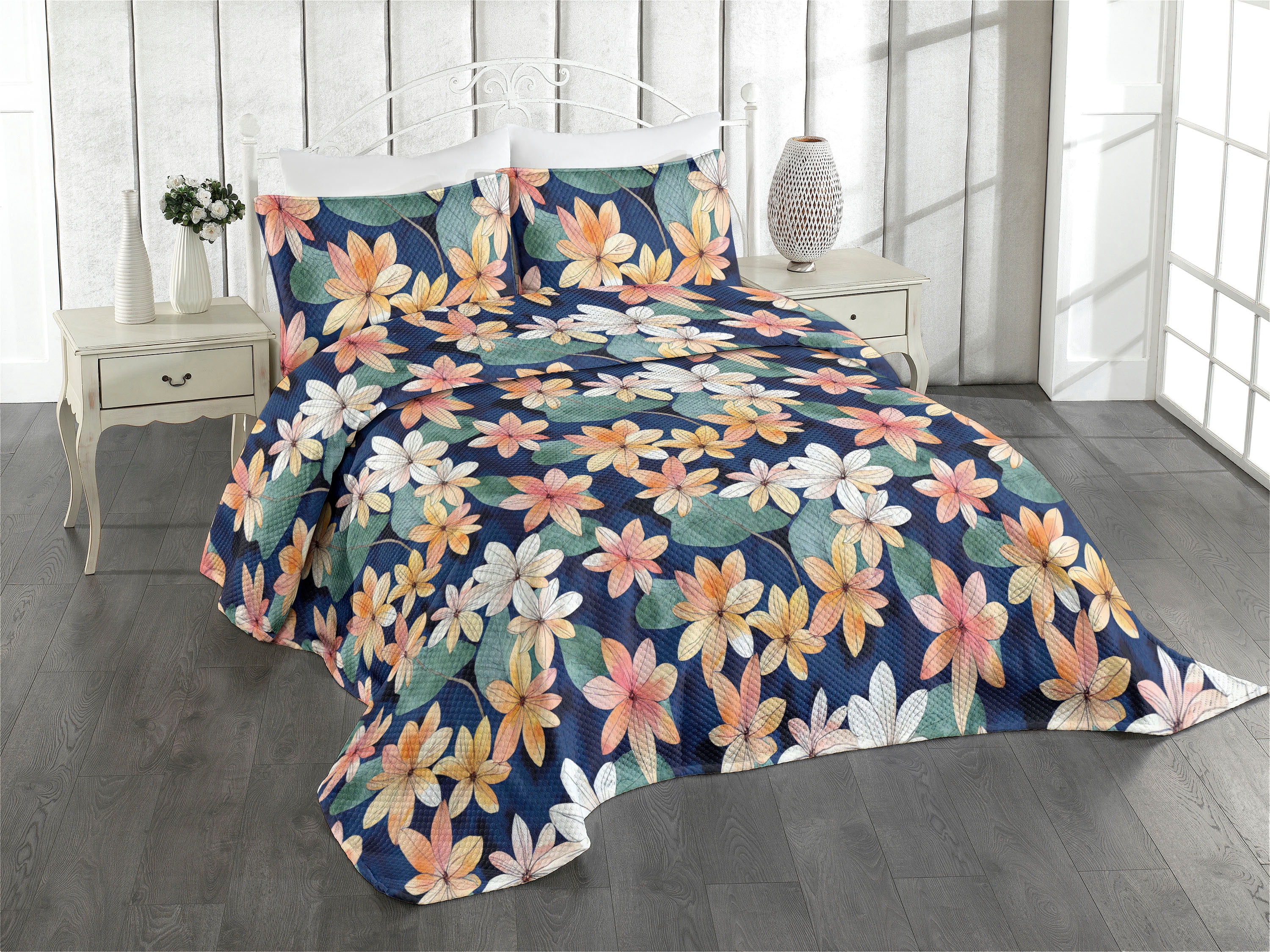 Ambesonne Floral Quilted Coverlet 3 Pcs, Watercolor Effect Flowers ...