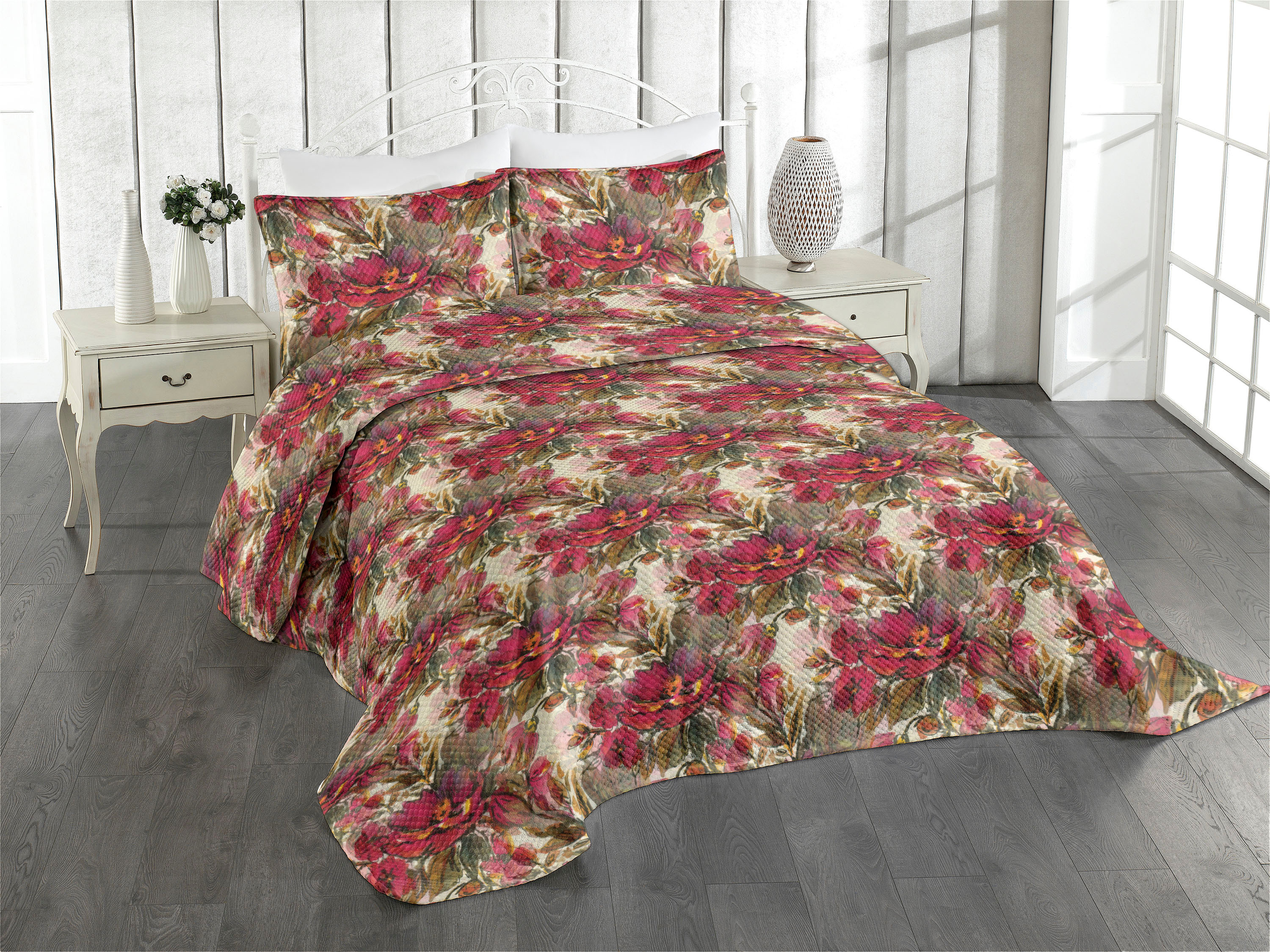 Ambesonne Floral Quilted Coverlet 3 Pcs, Watercolor Flowers Abstract ...