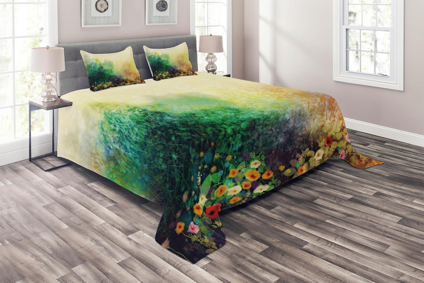 Ambesonne Floral Quilted Coverlet 3 Pcs, Wild Flowers on Meadow, King ...