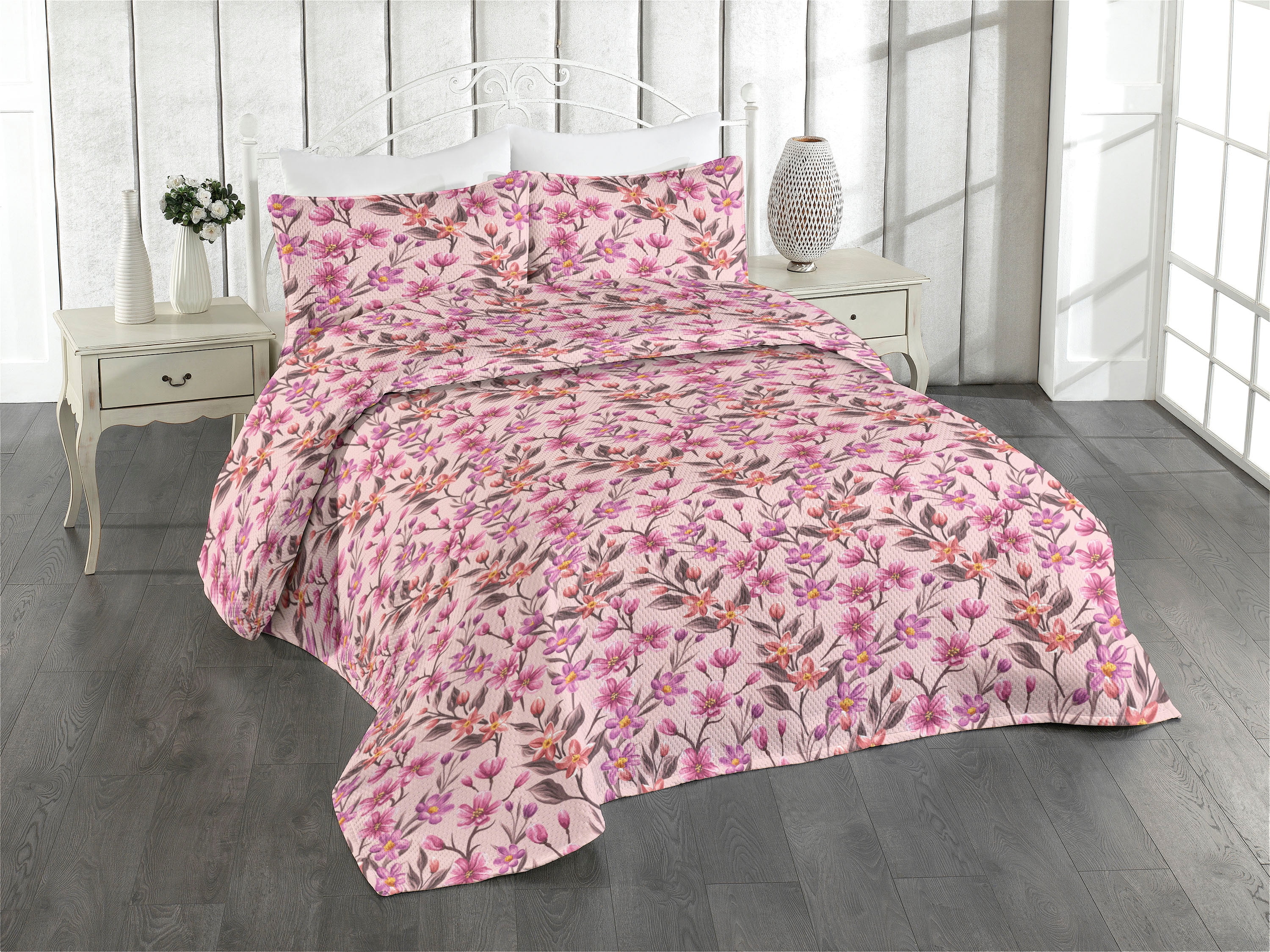 Ambesonne Floral Scene Quilted Bedspread Set 3 Pcs, Japan Spring ...